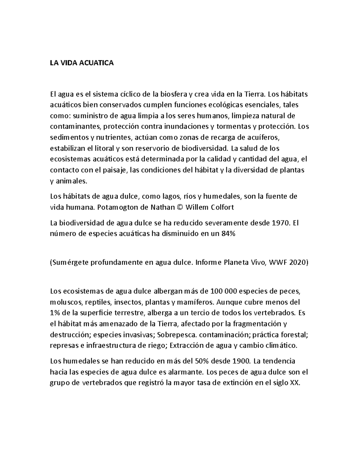 La vida acuatica - son notas del ciclo pasado. - LA VIDA ACUATICA El ...