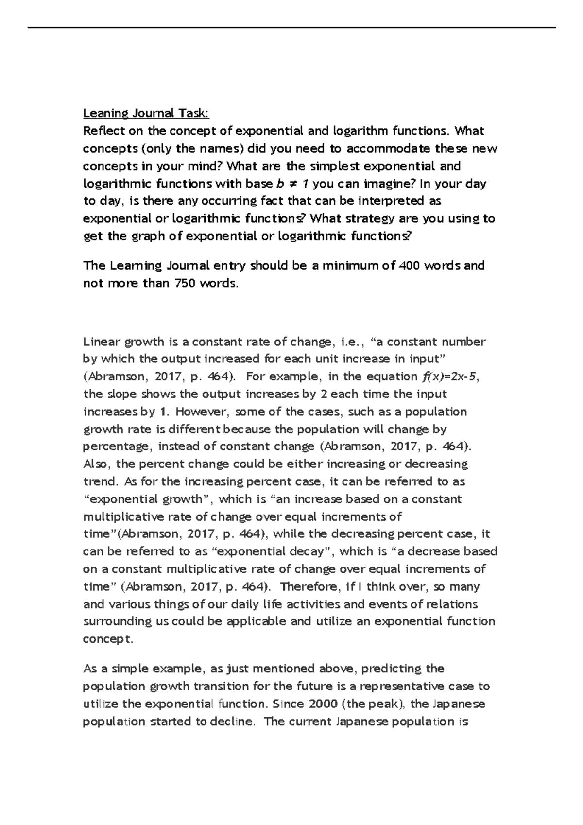 MATH1201 Learning Journal Unit 5 - Leaning Journal Task: Reflect on the concept of exponential ...