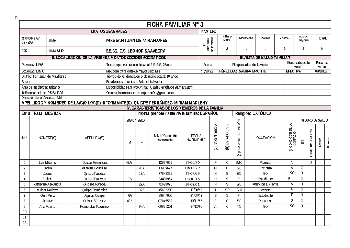 Ficha Familiar 3 - Salud pública - FICHA FAMILIAR N° 3 I GENERALES ...