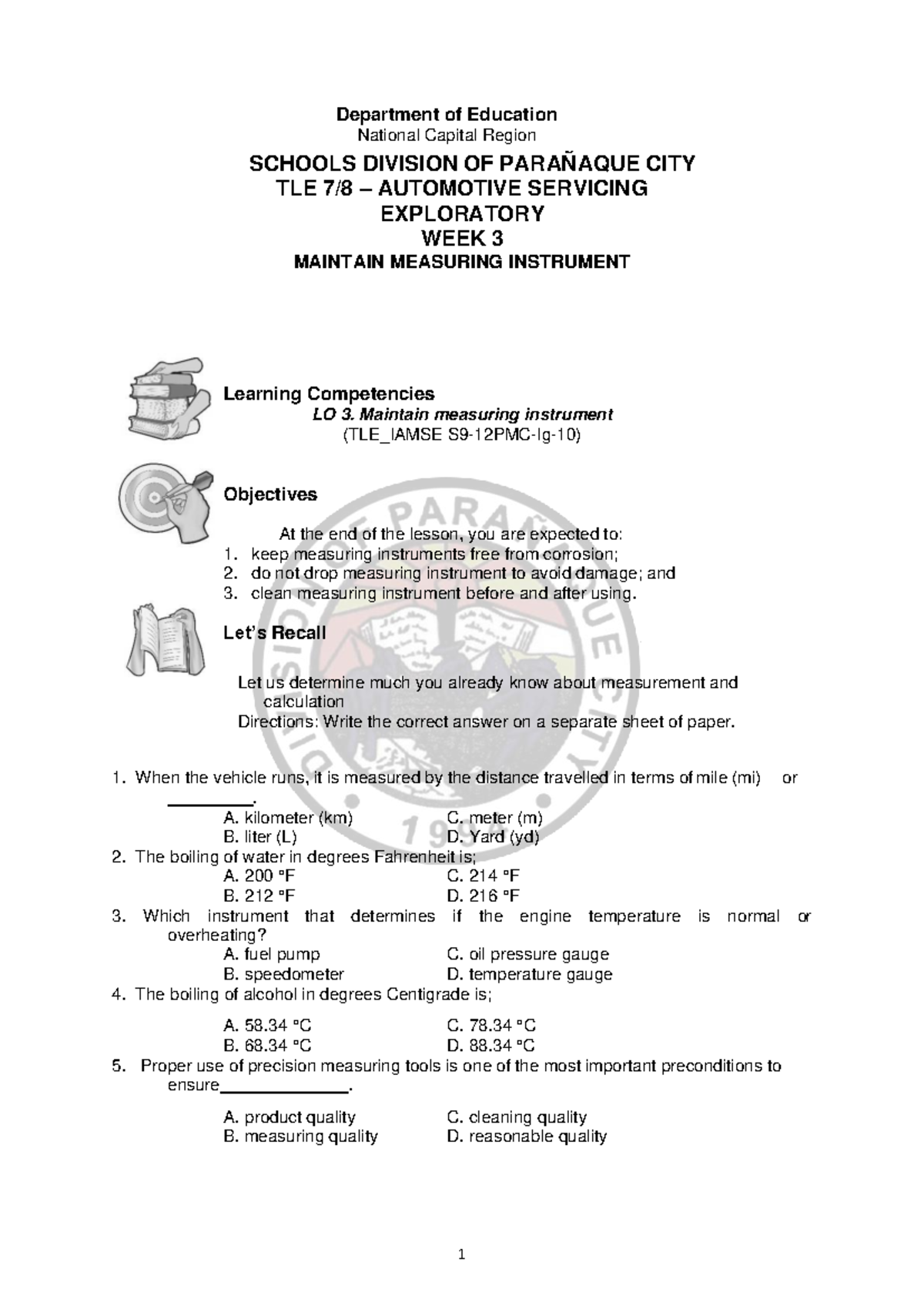 TLE-7 8 Automotive Q1 Week3 - Department of Education National Capital ...