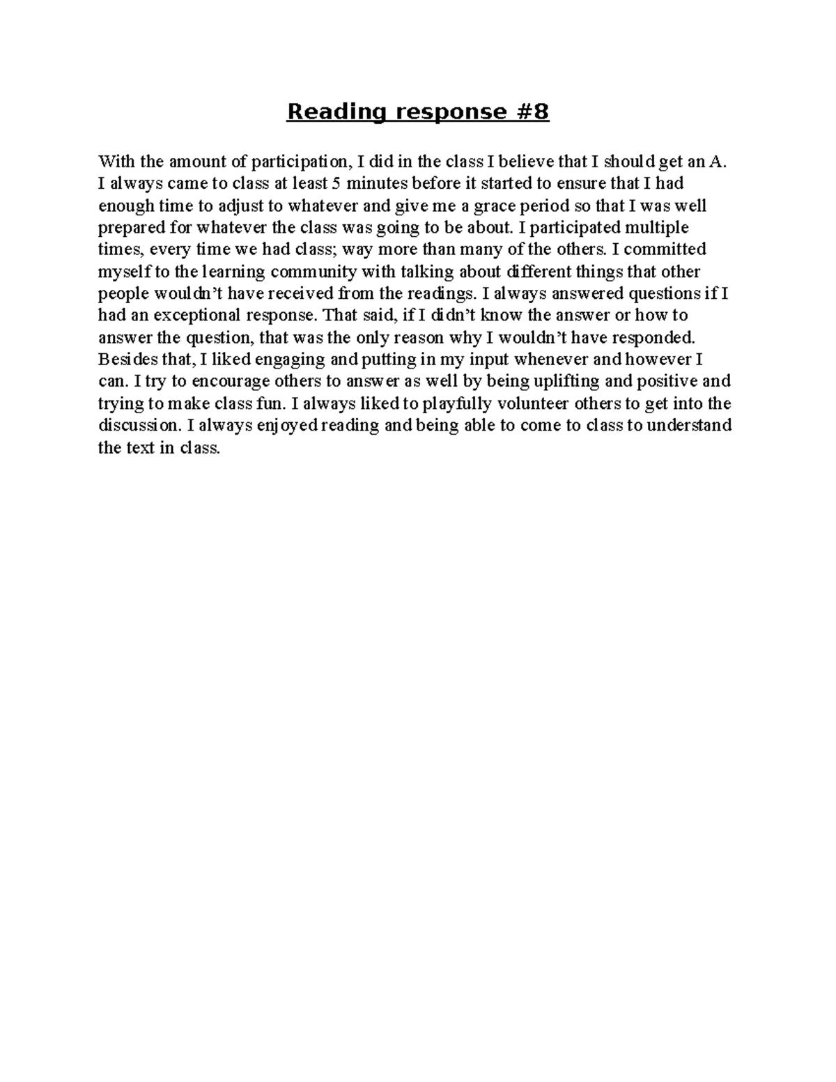 Reading response - Homework - EG 481 - Loyola - Studocu