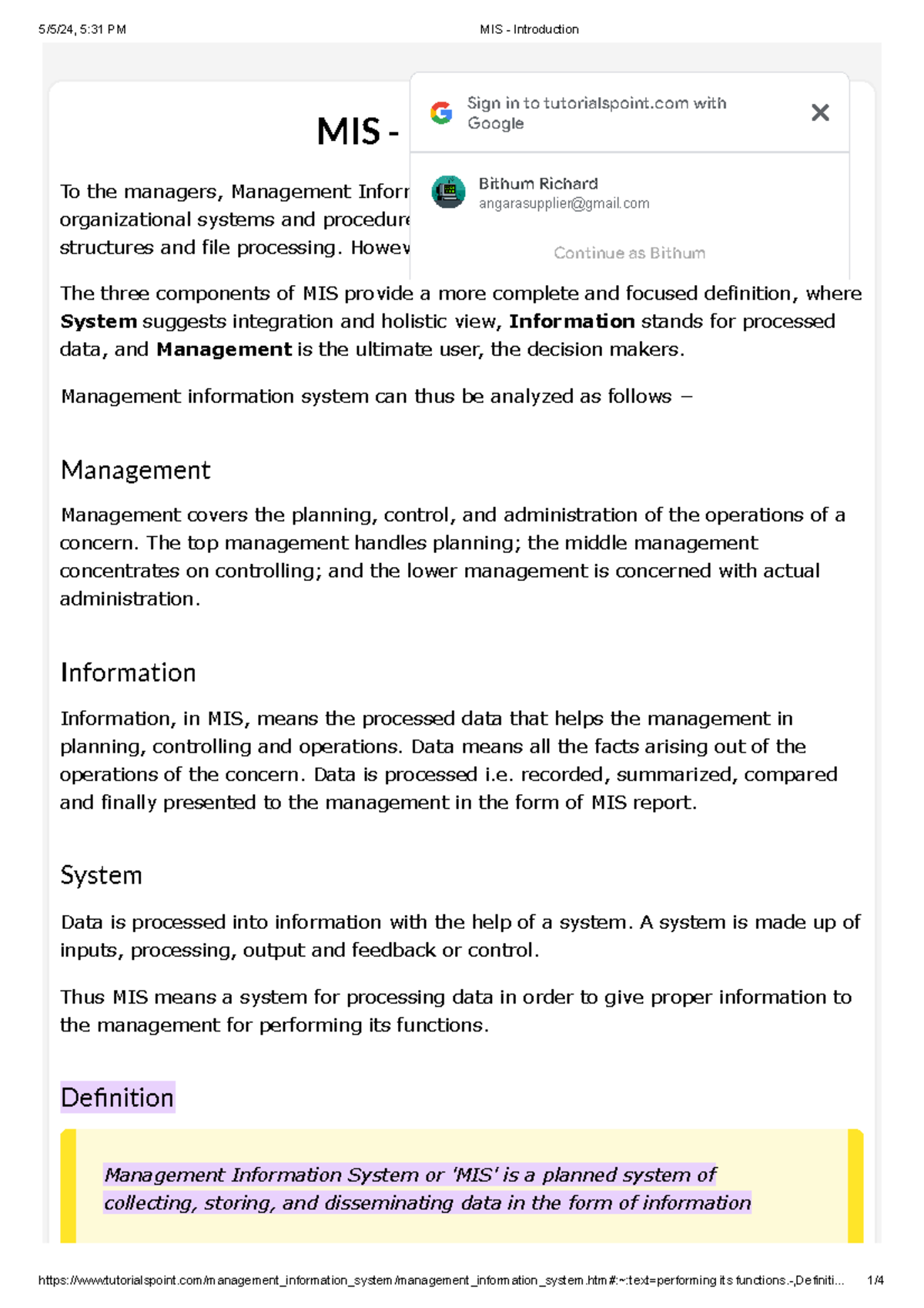 MIS - Introduction - an engineering - MIS - Introduction To the managers, Management Information ...