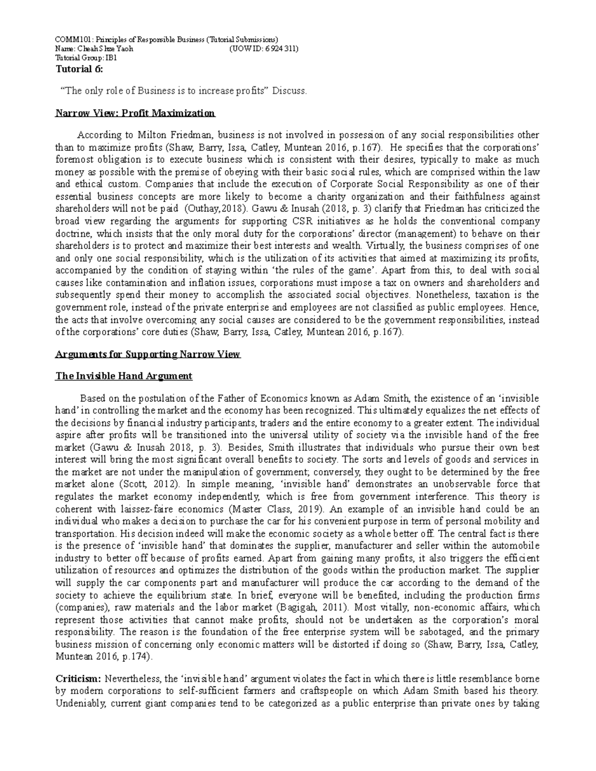 Tutorial 6 -Cheah Shze Yaoh (6924311) - Name: Cheah Shze Yaoh (UOW ID ...