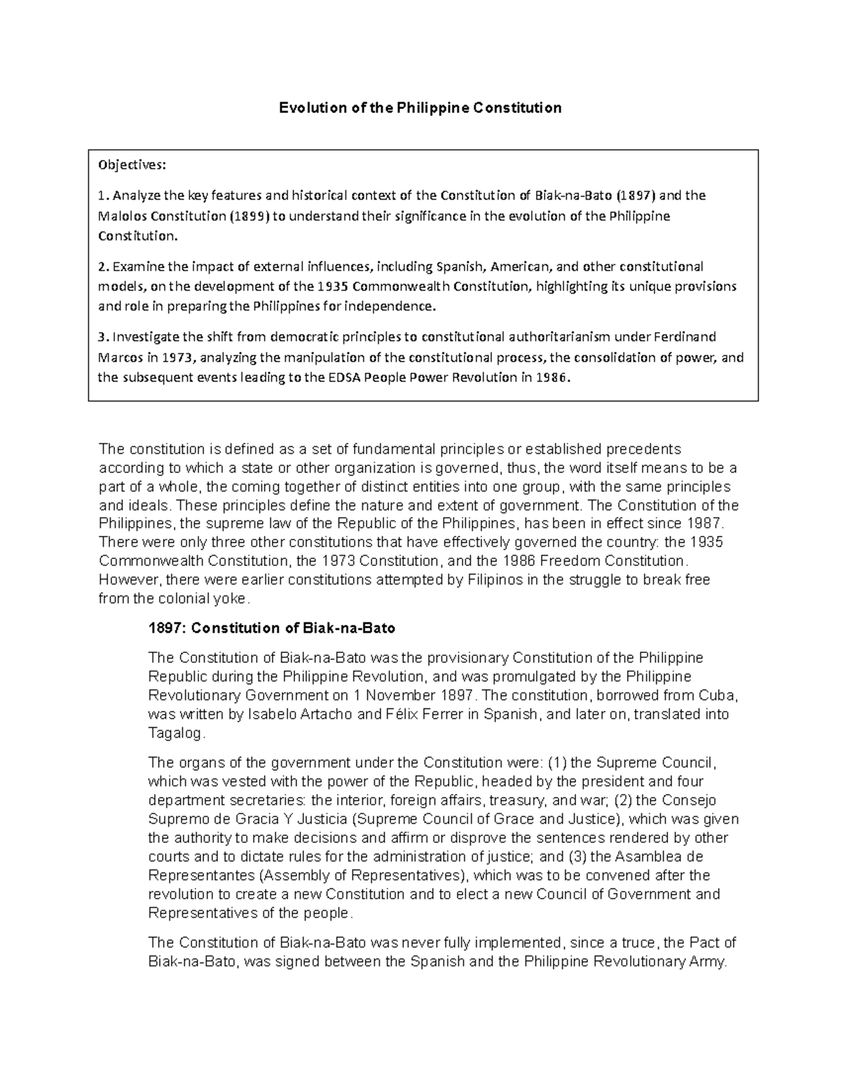 ( Notes) Evolution of the Philippine Constitution - Evolution of the ...