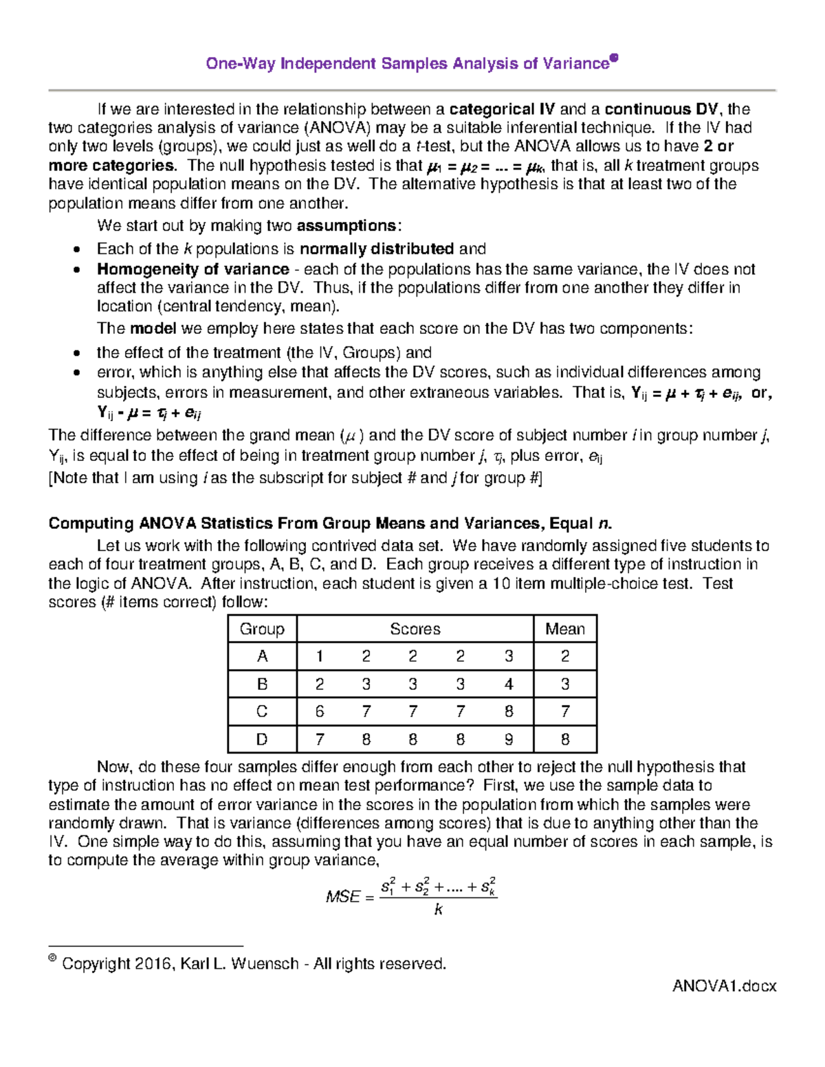 One-Way Independent Samples Analysis of Variance - Independent Samples ...