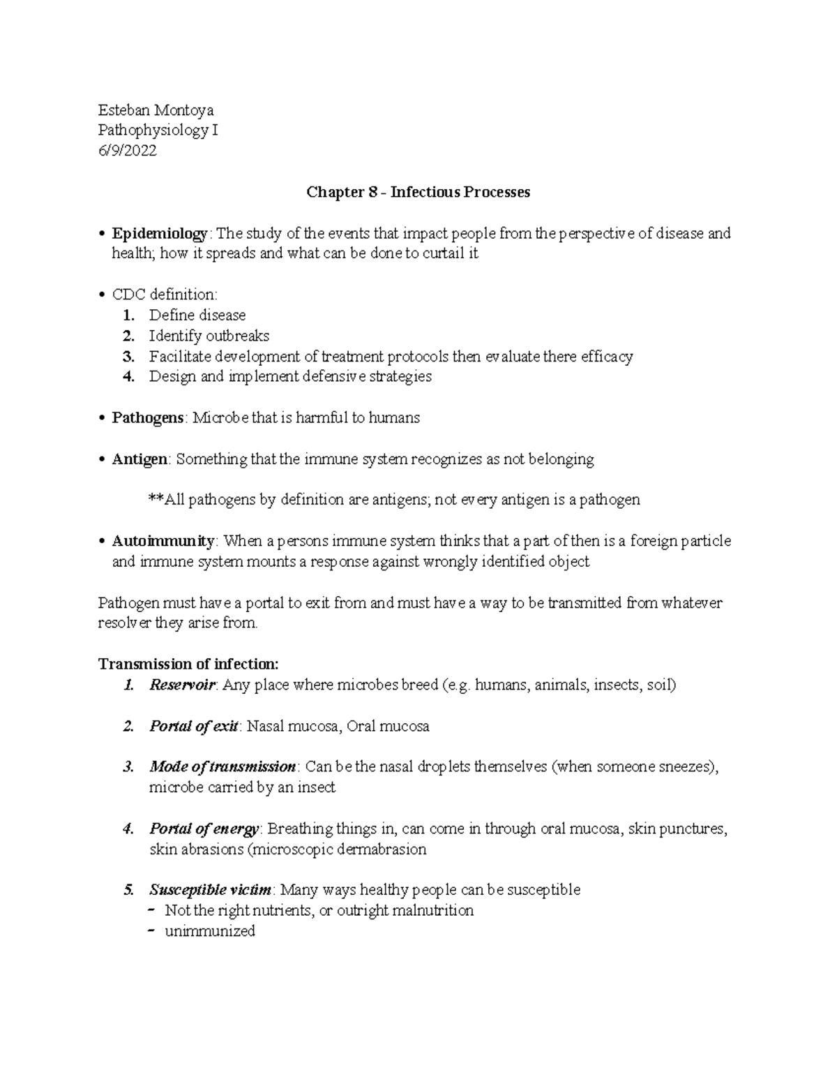 Pathophysiology II Chapter 8 outline - Esteban Montoya Pathophysiology I 6/9/ Chapter 8 ...