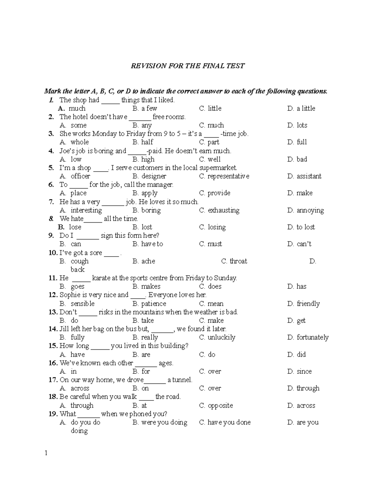 Revision FOR THE Final TEST - REVISION FOR THE FINAL TEST Mark the ...