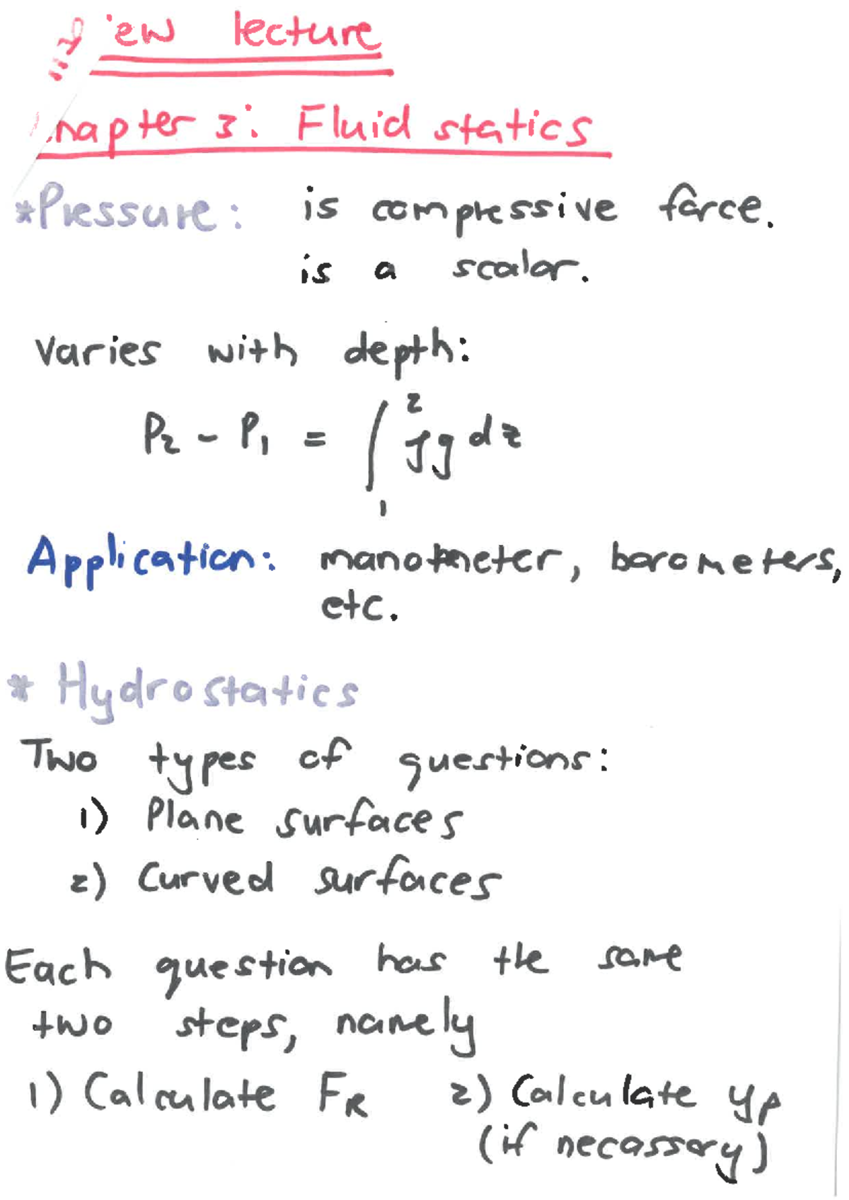 Review lectures class notes - ew lecture napter 3: Fluid statics ...