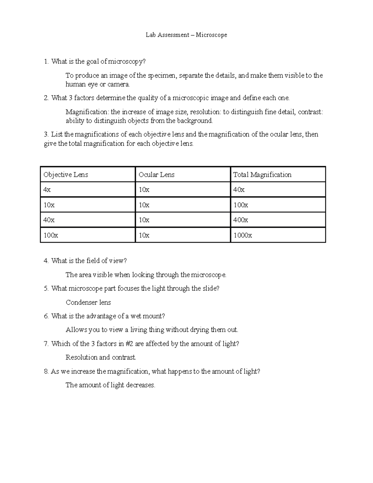 Lab Assessment - Microscope - Lab Assessment – Microscope What is the ...