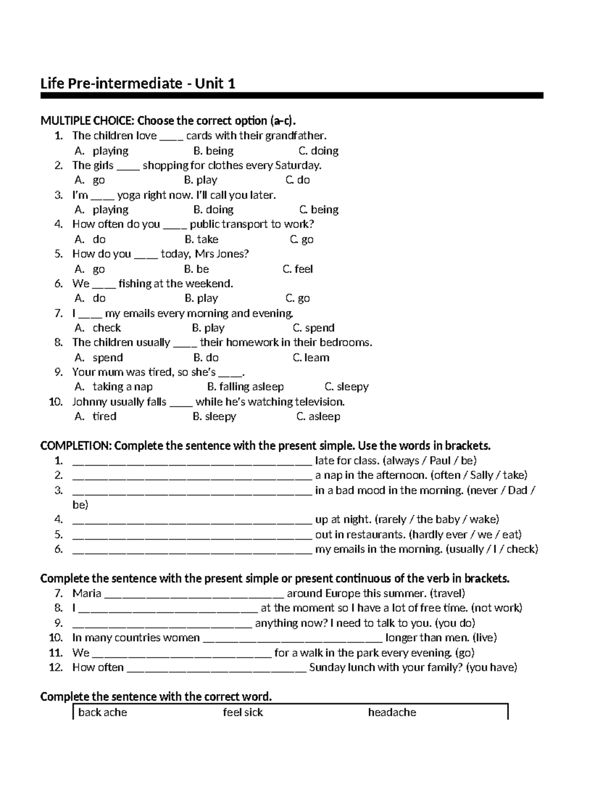 UNIT 1 - dsfsdf - Life Pre-intermediate - Unit 1 MULTIPLE CHOICE ...