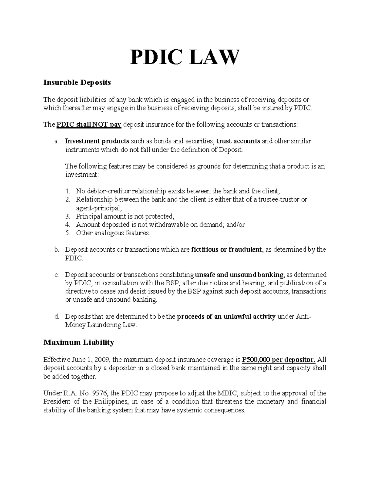 PDIC LAW Handout - PDIC LAW Insurable Deposits The deposit liabilities ...