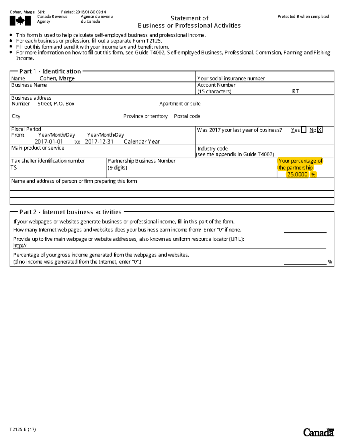Cohen, Marge T2125 2018 w - Canada Revenue Agence du revenu Agency du ...