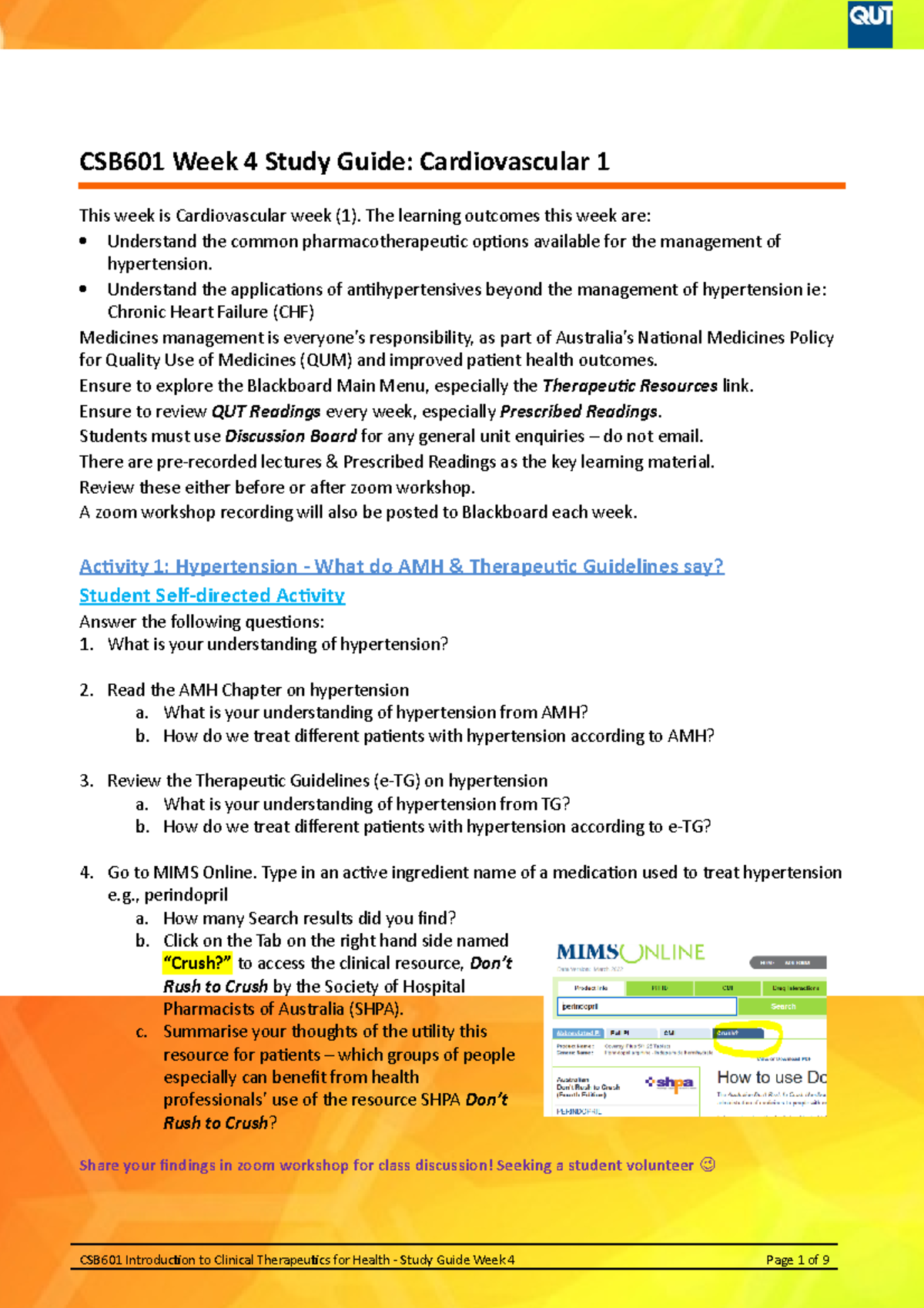CSB601 Week 4 Study Guide CV1 2022s1 Final - CSB601 Week 4 Study Guide: Cardiovascular 1 This ...