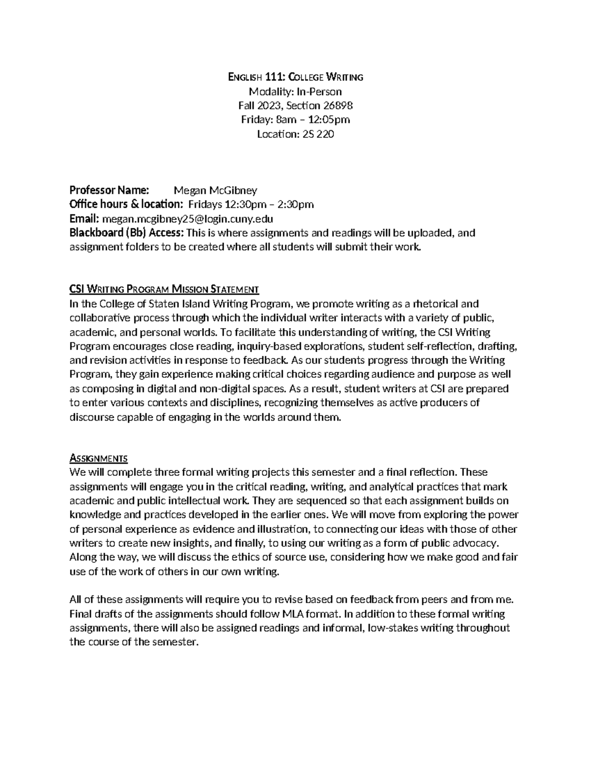 Fall 2023 - ENG 111 Syllabus - ENGLISH 111: COLLEGE WRITING Modality ...