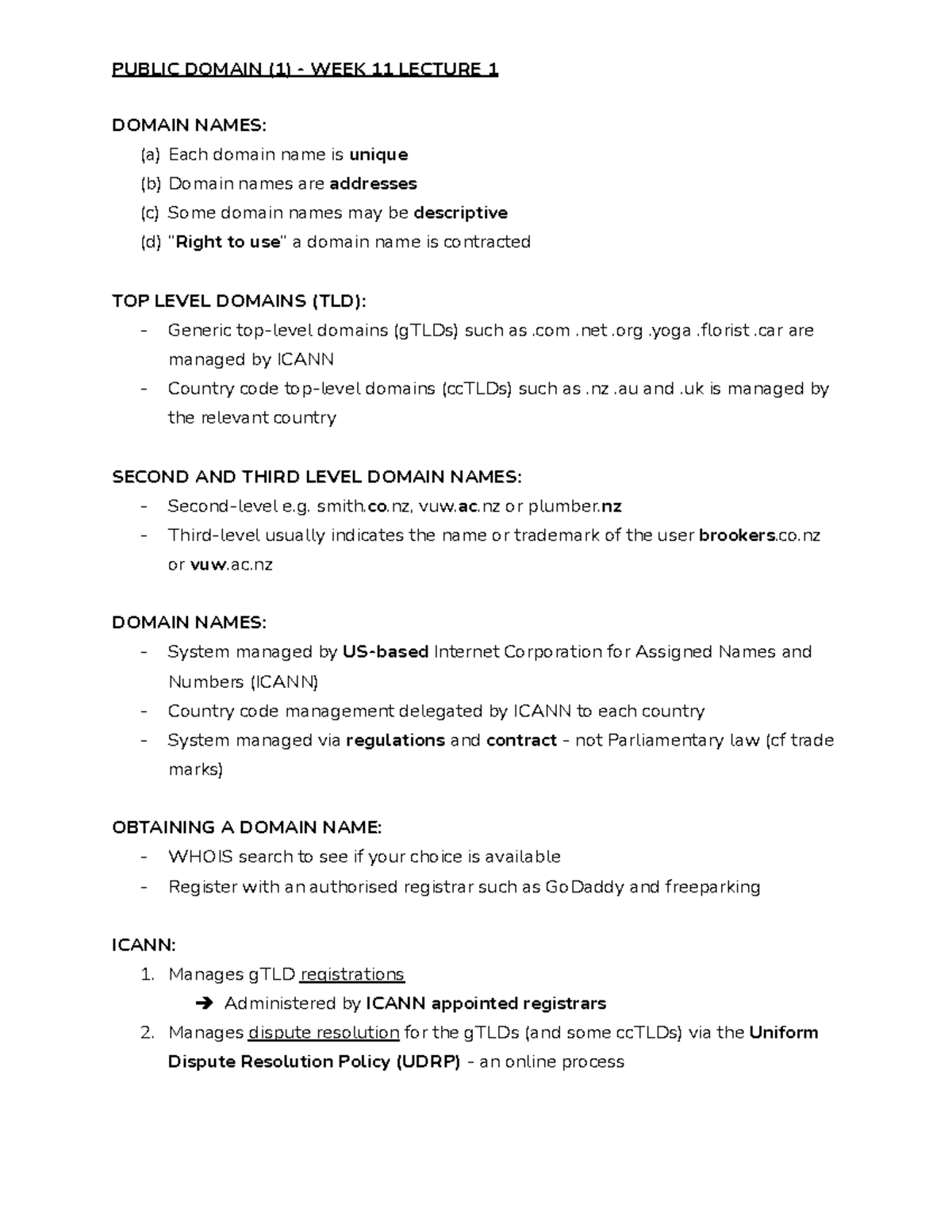 Public Domain - PUBLIC DOMAIN (1) - WEEK 11 LECTURE 1 DOMAIN NAMES: (a) Each domain name is ...