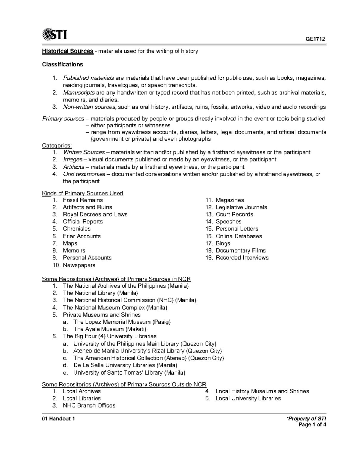 01 Handout RPH1 - study - 01 Handout 1 *Property of STI Historical ...