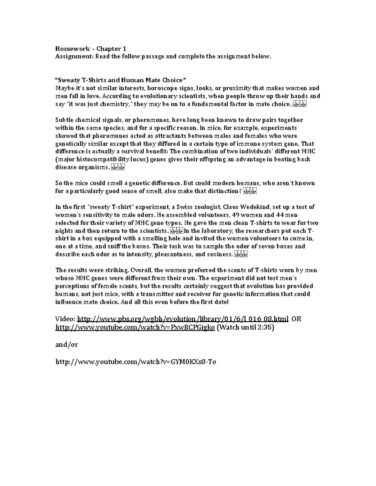 HW1 - Sweaty T-Shirts and Human Mate Choice - Homework – Chapter 1 ...