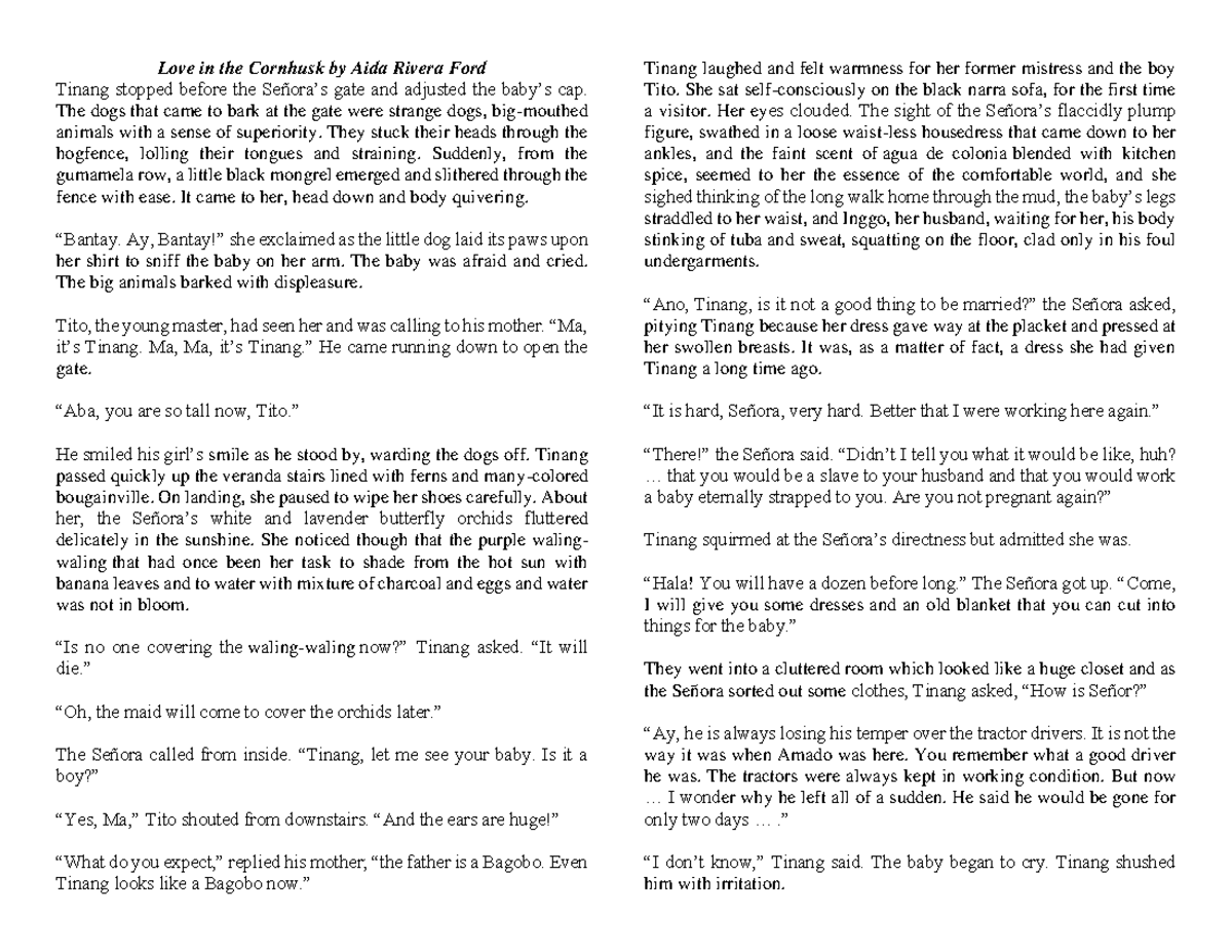 English short stories - Love in the Cornhusk by Aida Rivera Ford Tinang ...