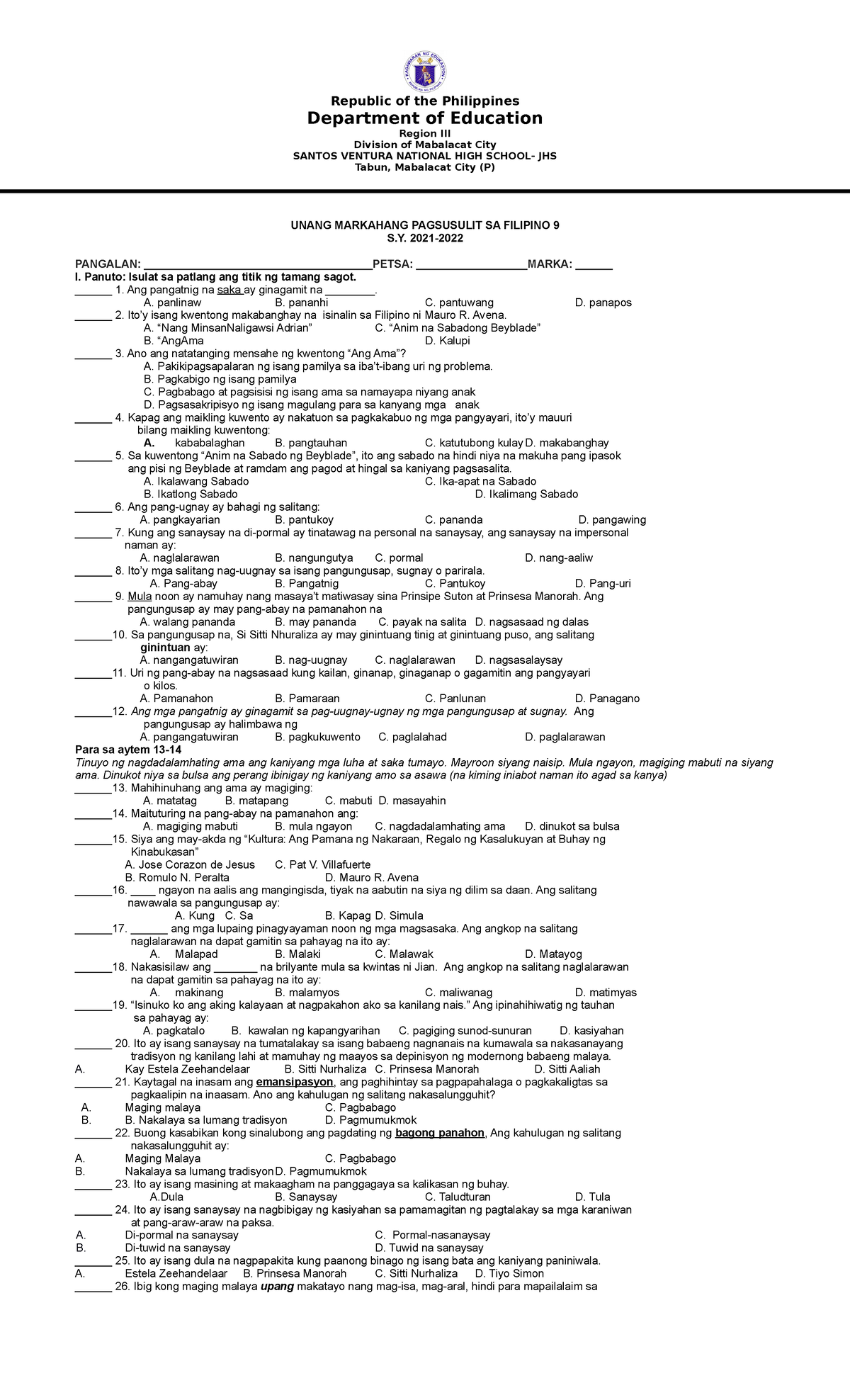 Unang Markahang Pagsusulit SA Filipino 9 with TOS - Republic of the ...
