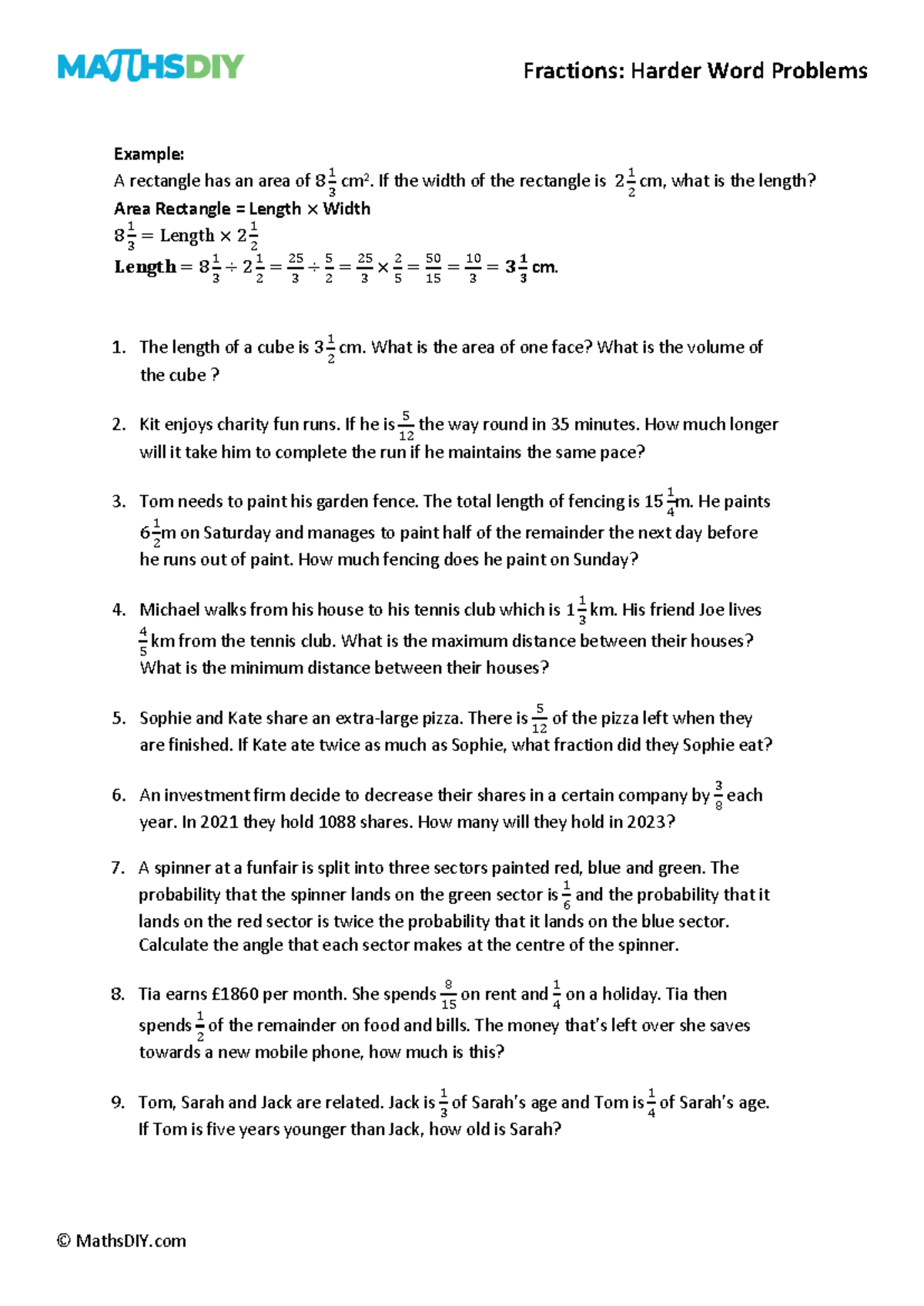 Fractions Harder Word Problem - Fractions: Harder Word Problems Example ...