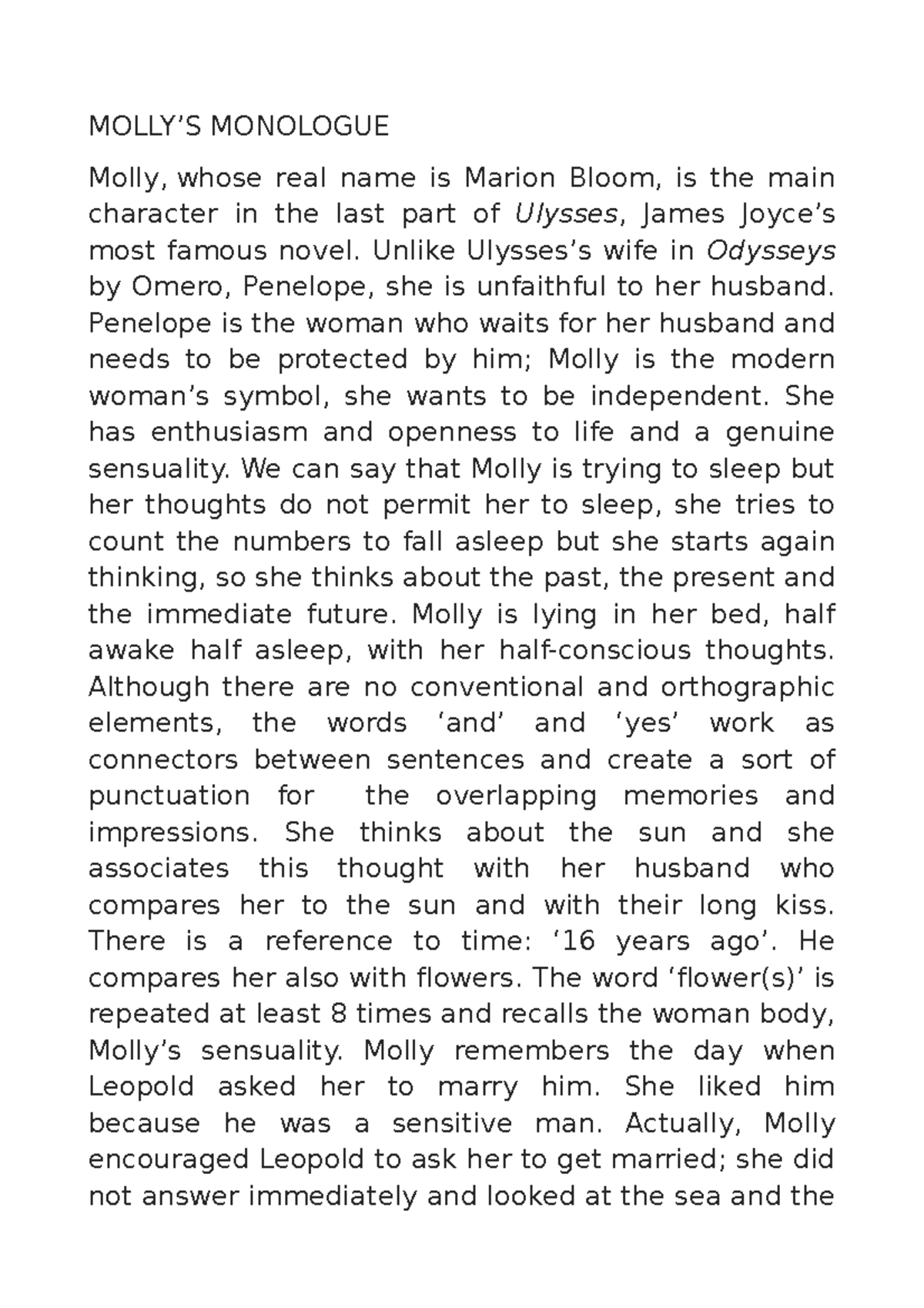 Molly's monologue - MOLLY’S MONOLOGUE Molly, whose real name is Marion ...