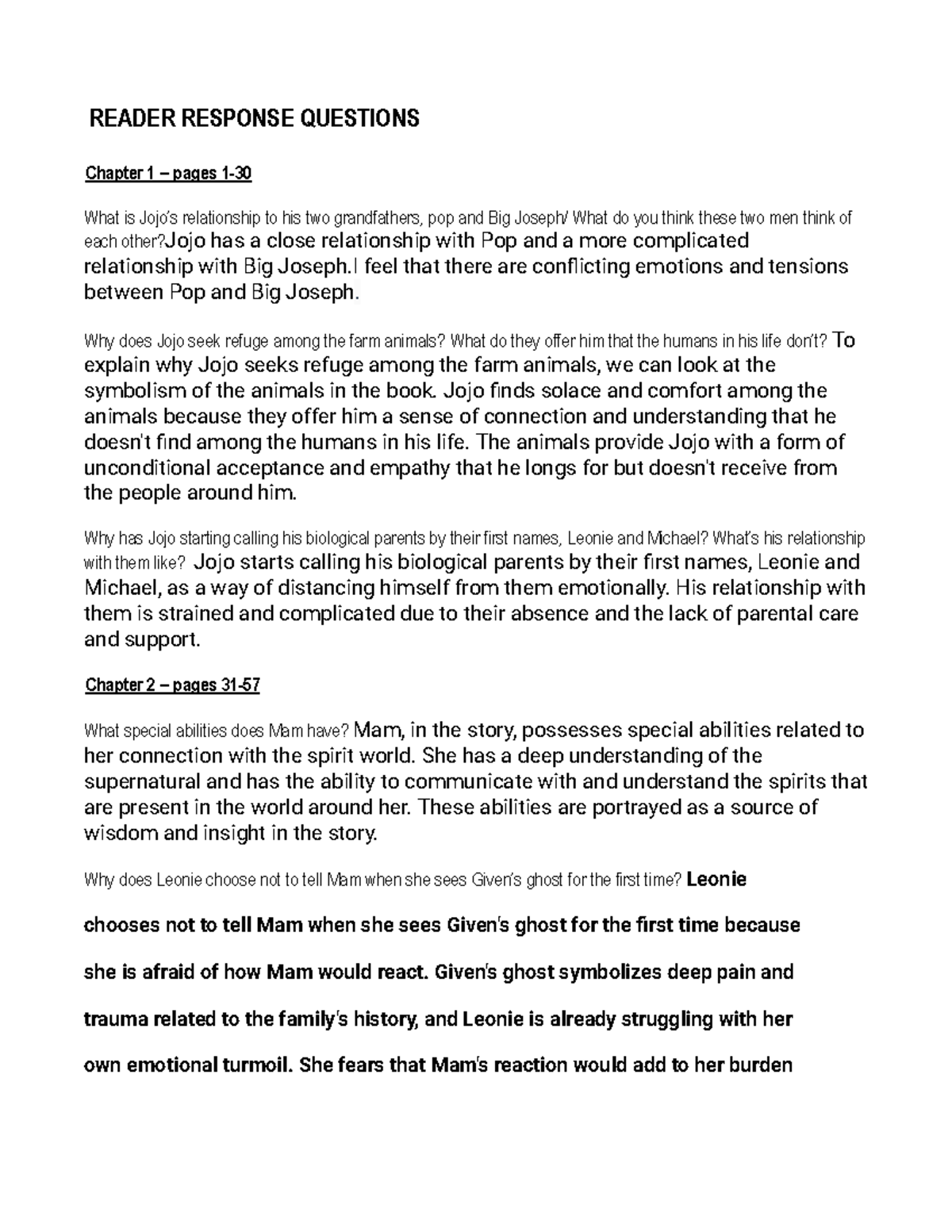 Reader Responce Questions - READER RESPONSE QUESTIONS Chapter 1 – pages ...