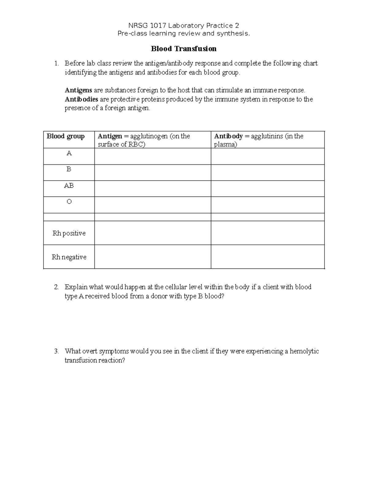 Blood transfusion - pre class refresher - Pre-class learning review and ...