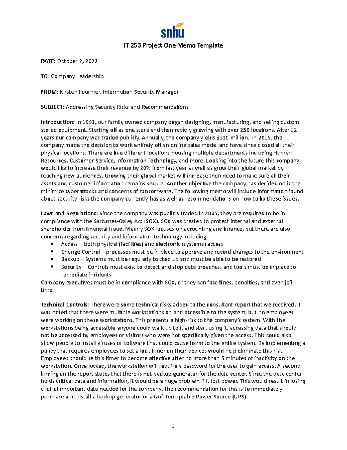 IT 253 Project One Memo - Information about security risks, finding and ...