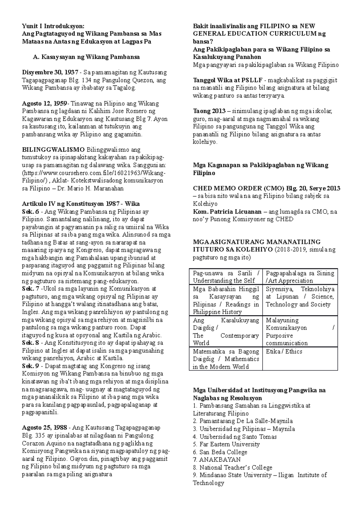Reviewer Konkom - Yunit I Introduksyon: Ang Pagtataguyod ng Wikang Pambansa sa Mas Mataas na ...