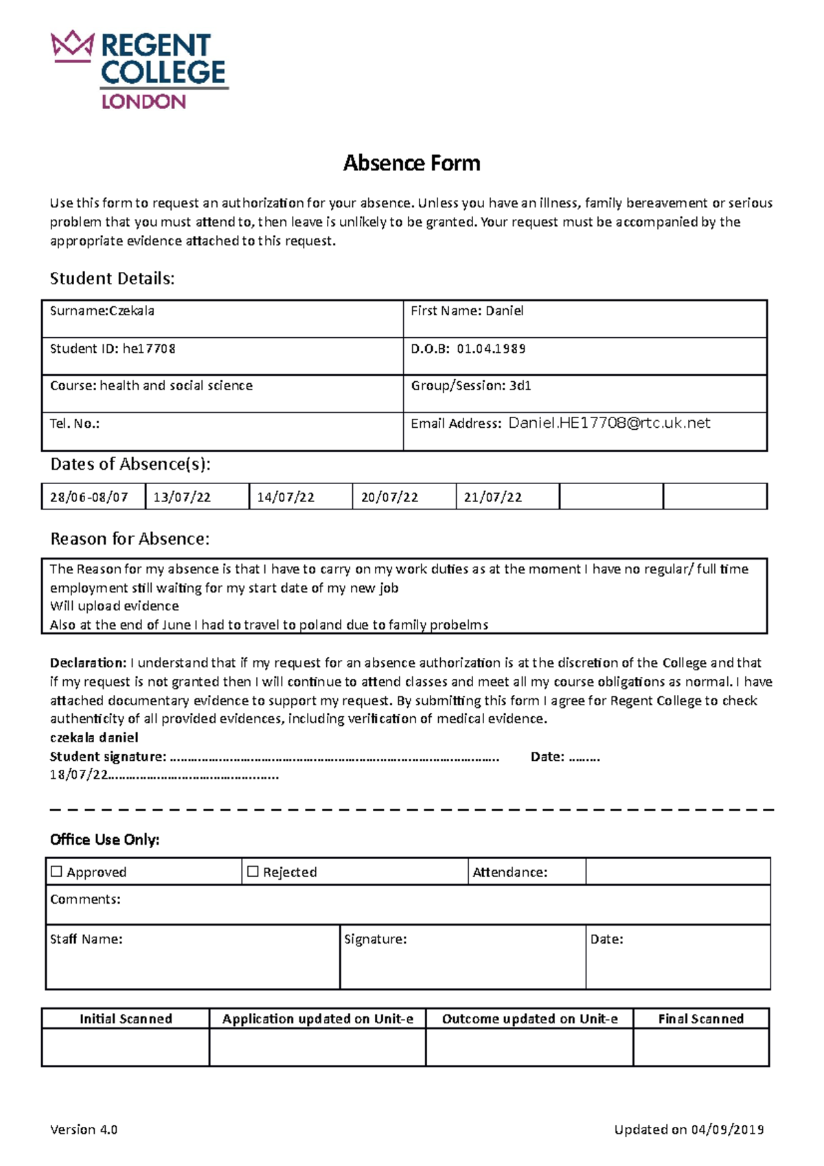 Absence Form - 1989 - ggd - Absence Form Use this form to request an ...
