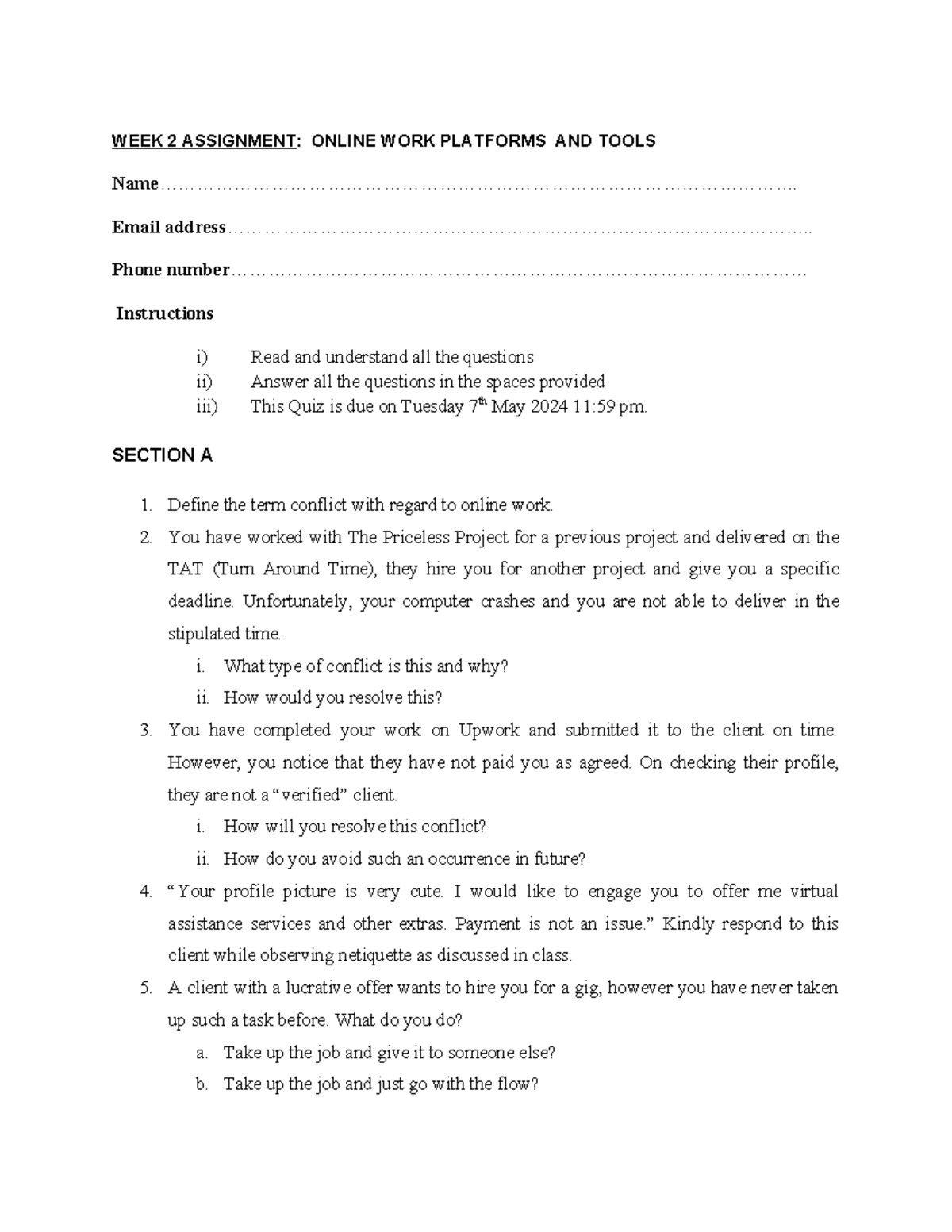 Week 2 Assignment - WEEK 2 ASSIGNMENT: ONLINE WORK PLATFORMS AND TOOLS - Studocu