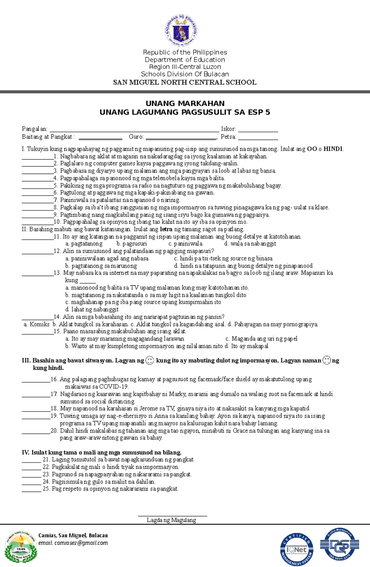 1st Summative ESP - quiz - Department of Education Region III-Central ...