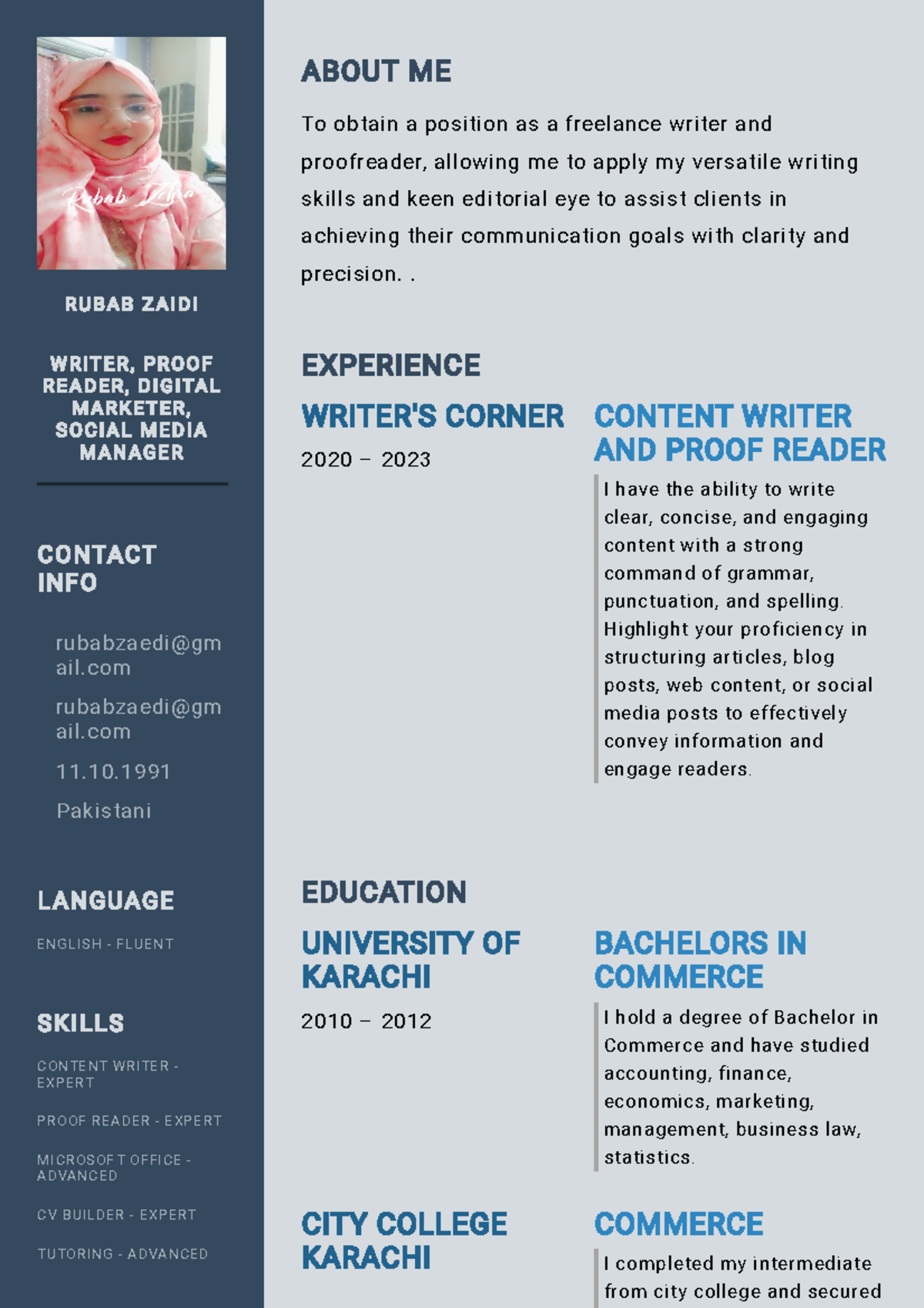 Rubab Resume-317 - R U B A B Z A I D I W R I T E R , P R O O F R E A D ...