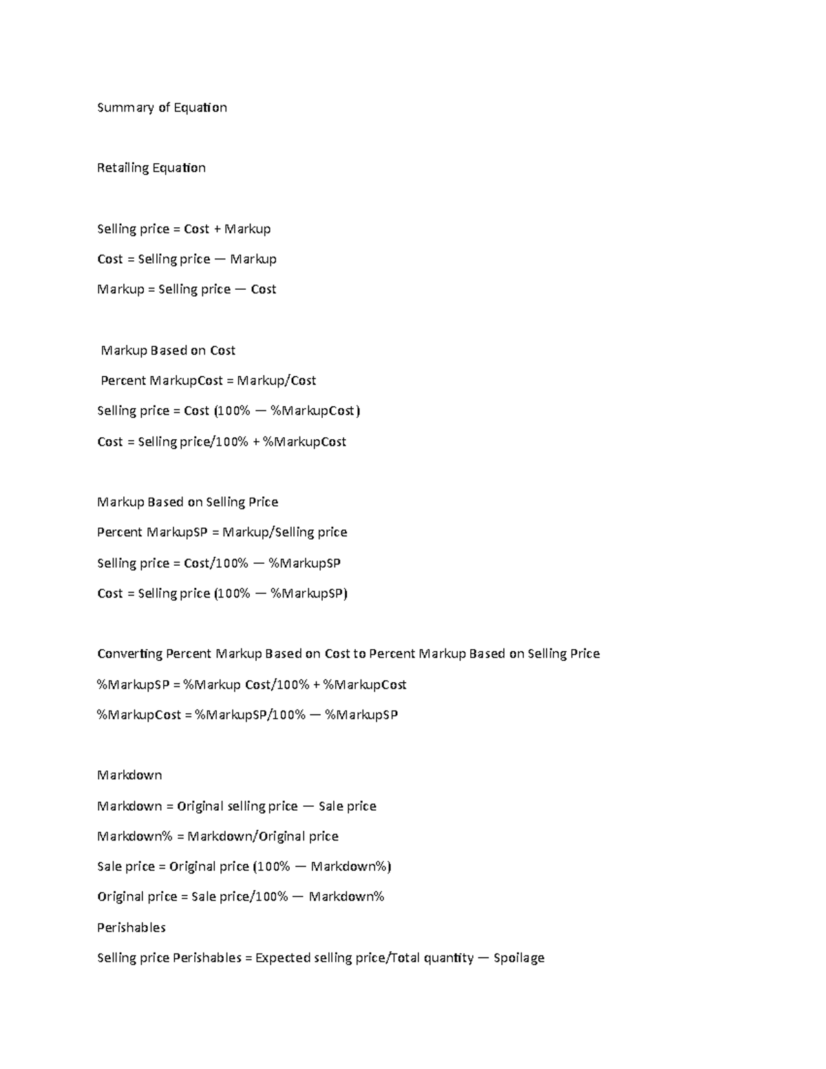 Summary of Equation formualas - Summary of Equation Retailing Equation ...