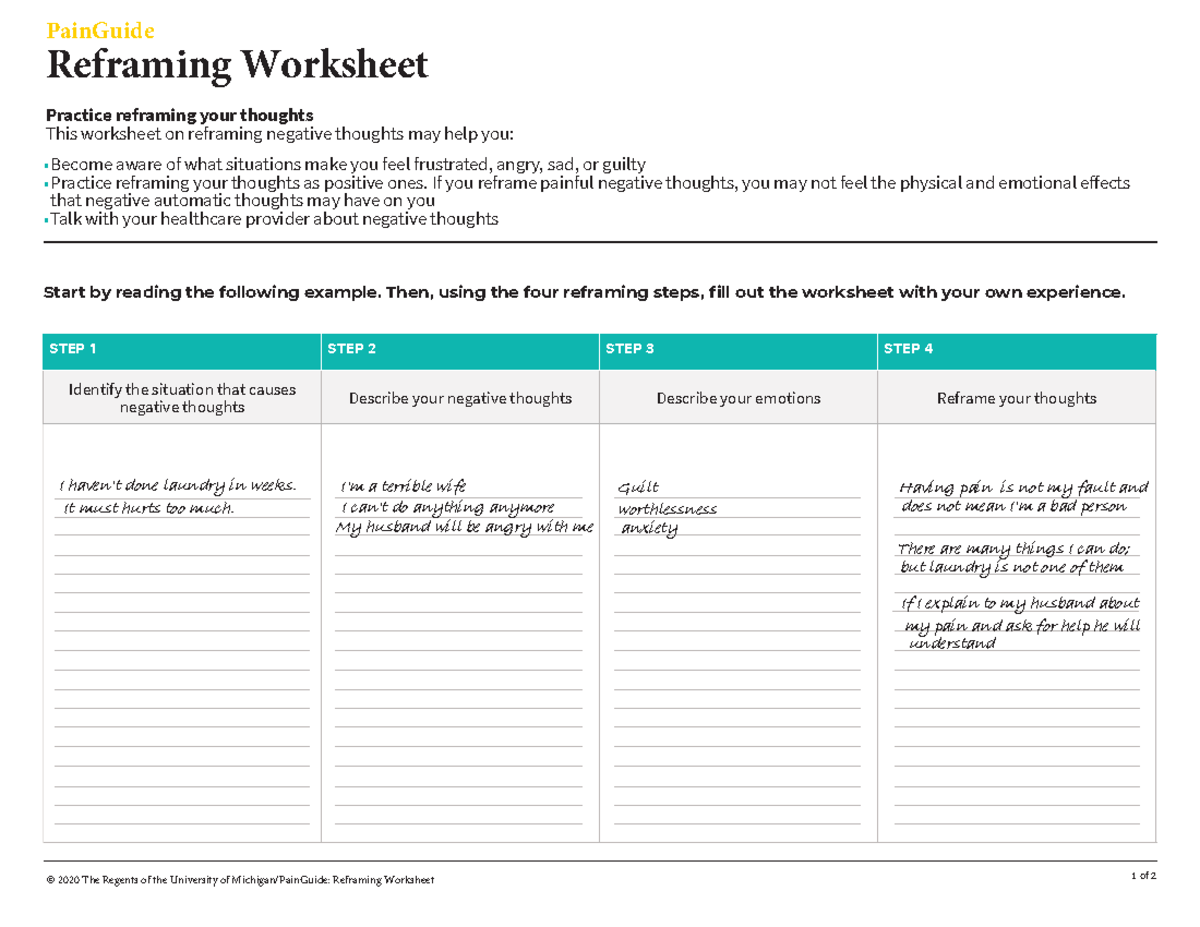 Reframing worksheet 001 - 1 of 2 step 1 step 2 step 3 step 4 Identify the situation that causes ...