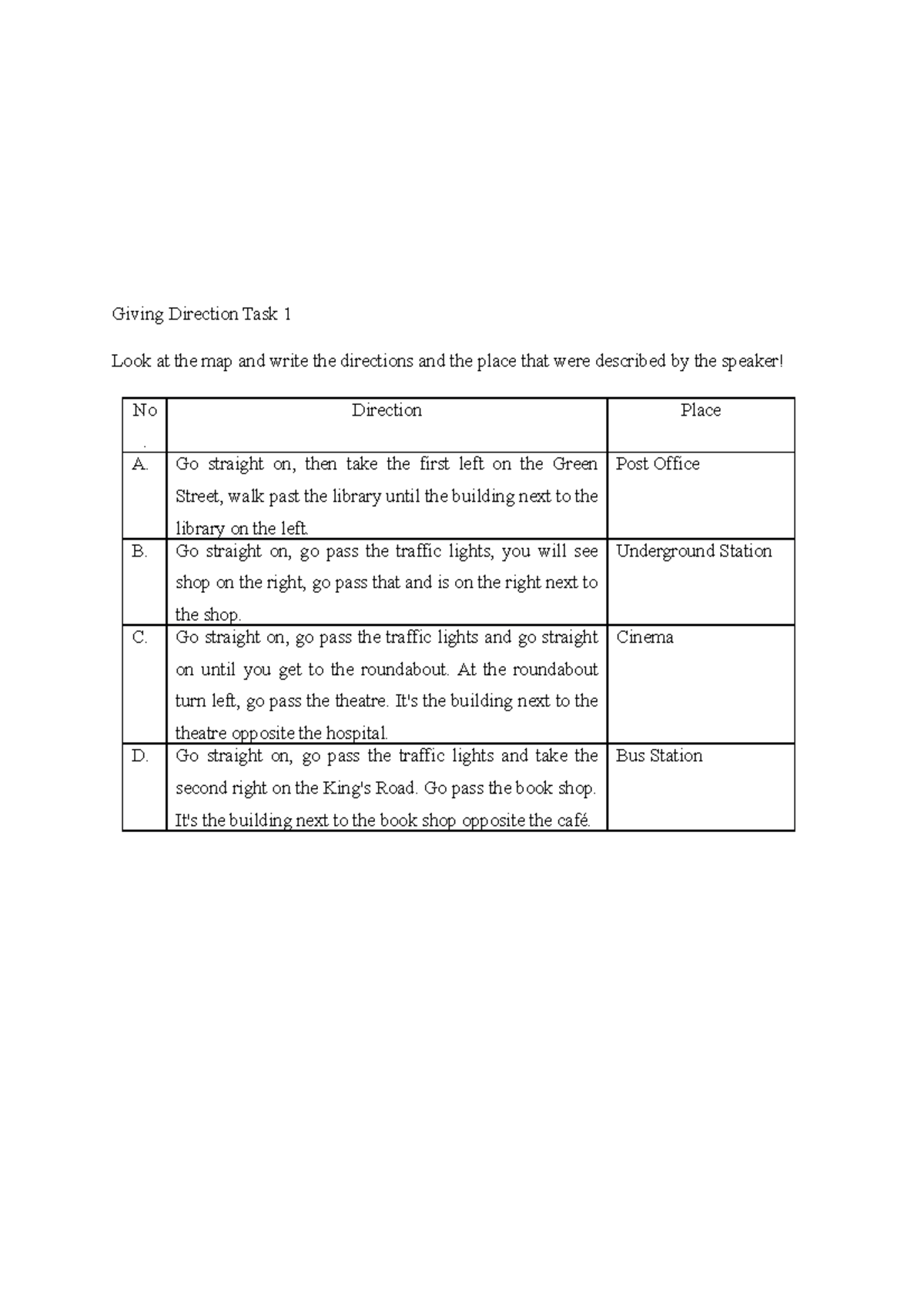 Giving Direction Task 1 - Direction Place A. Go straight on, then take ...