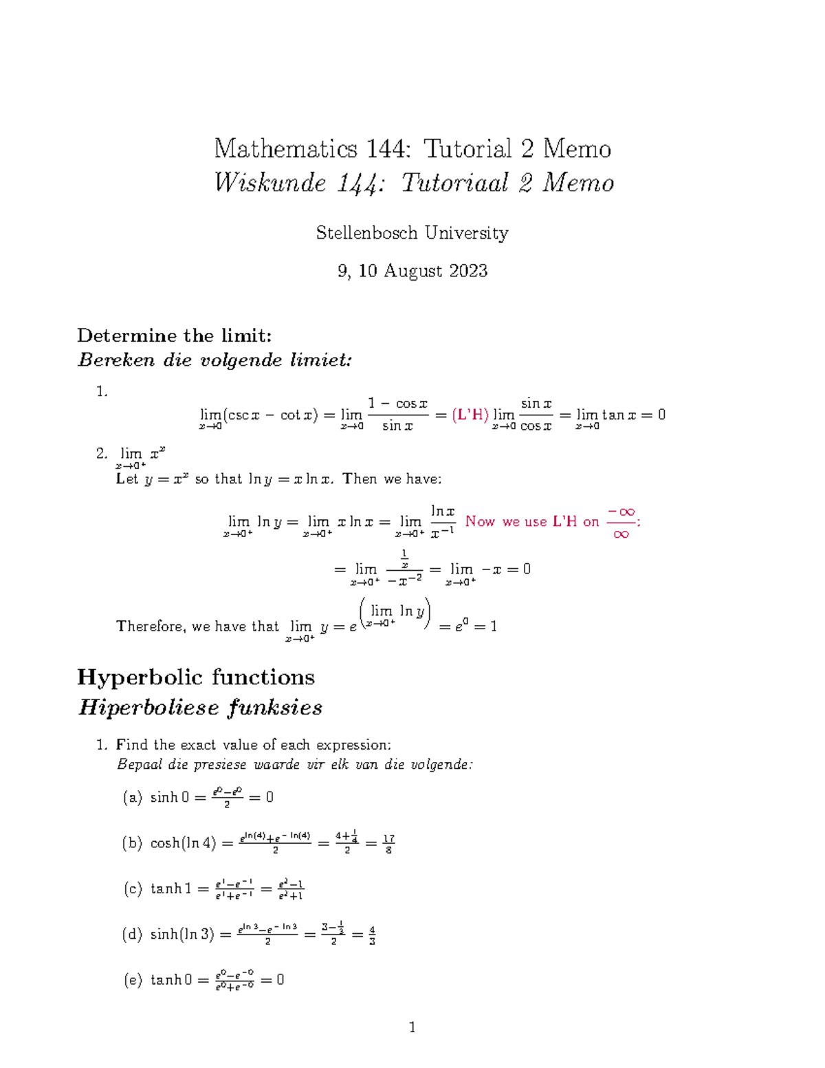 Maths 144 Tutorial 2 Memo - Mathematics 144: Tutorial 2 Memo Wiskunde 144: Tutoriaal 2 Memo ...