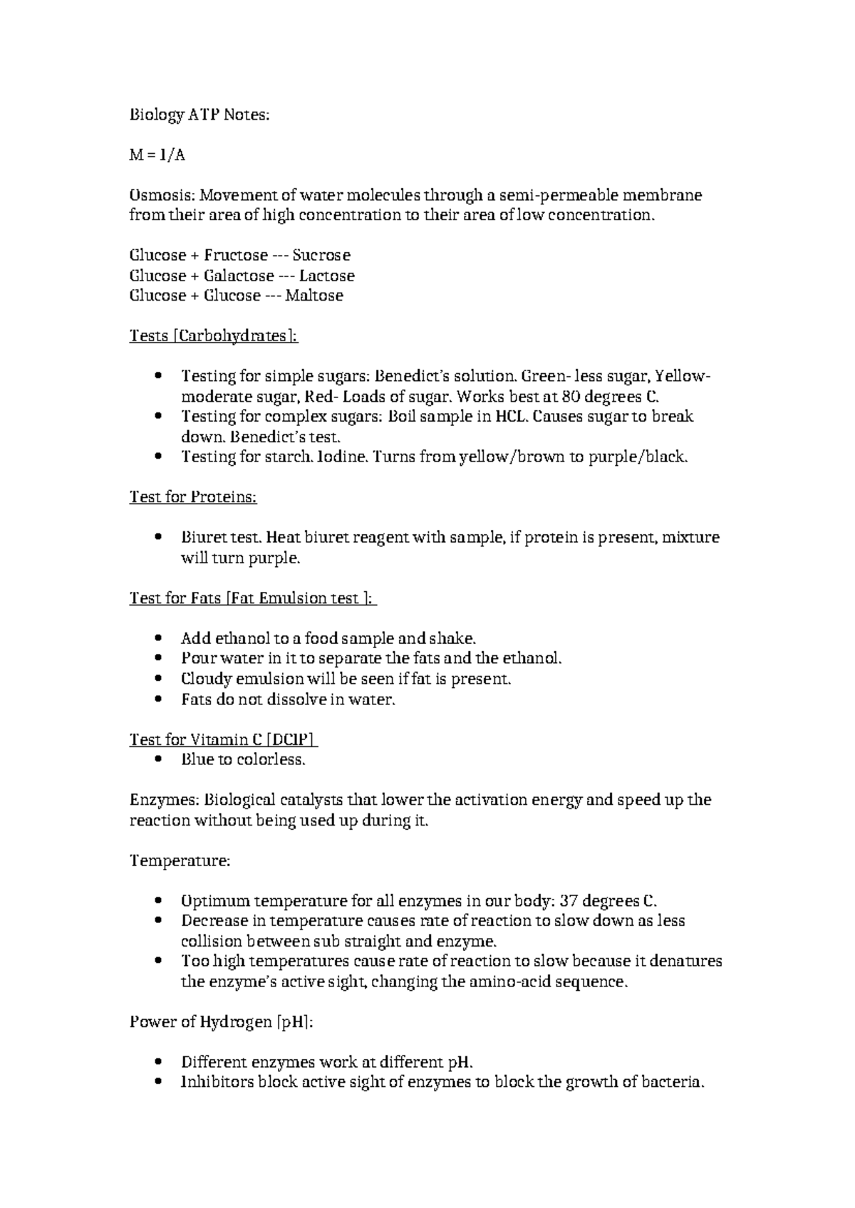 Biology ATP Notes - Glucose + Fructose - Sucrose Glucose + Galactose ...