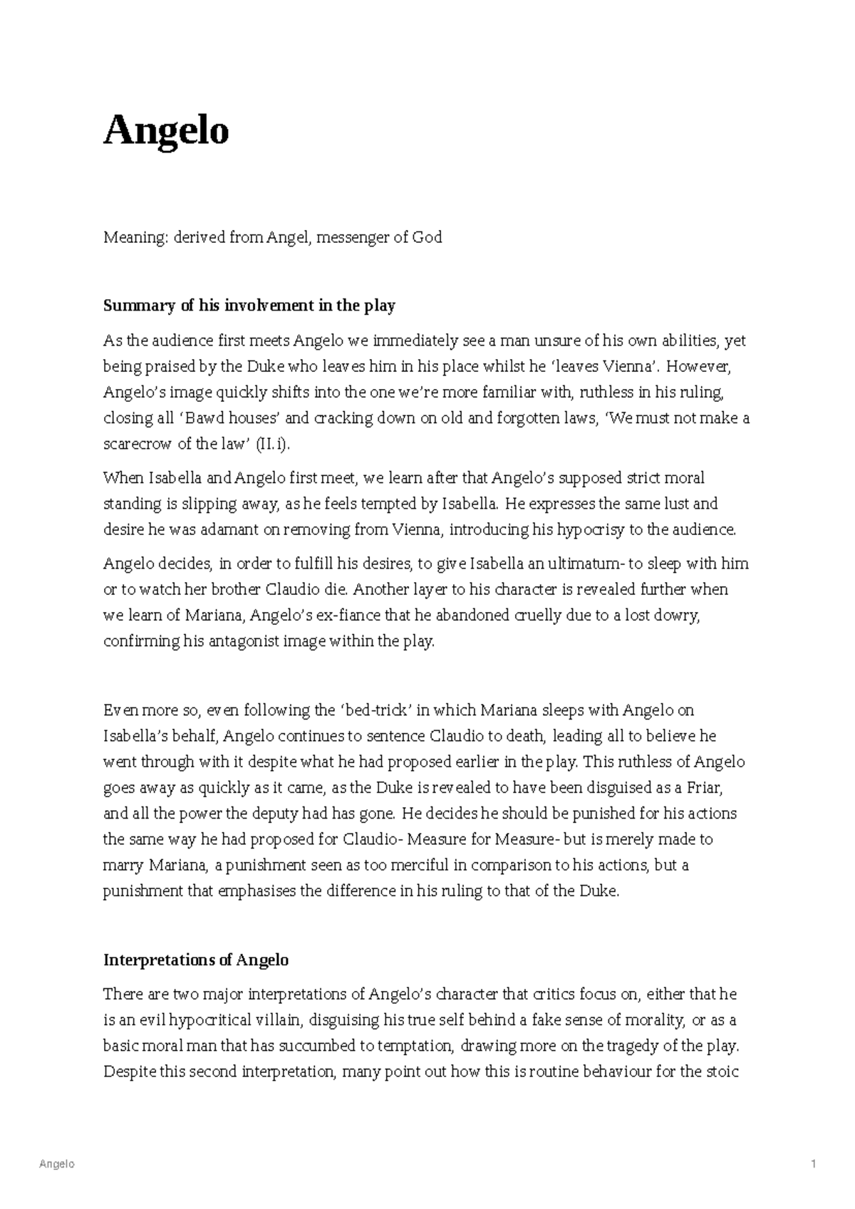 Angelo character summary - Angelo Meaning: derived from Angel ...