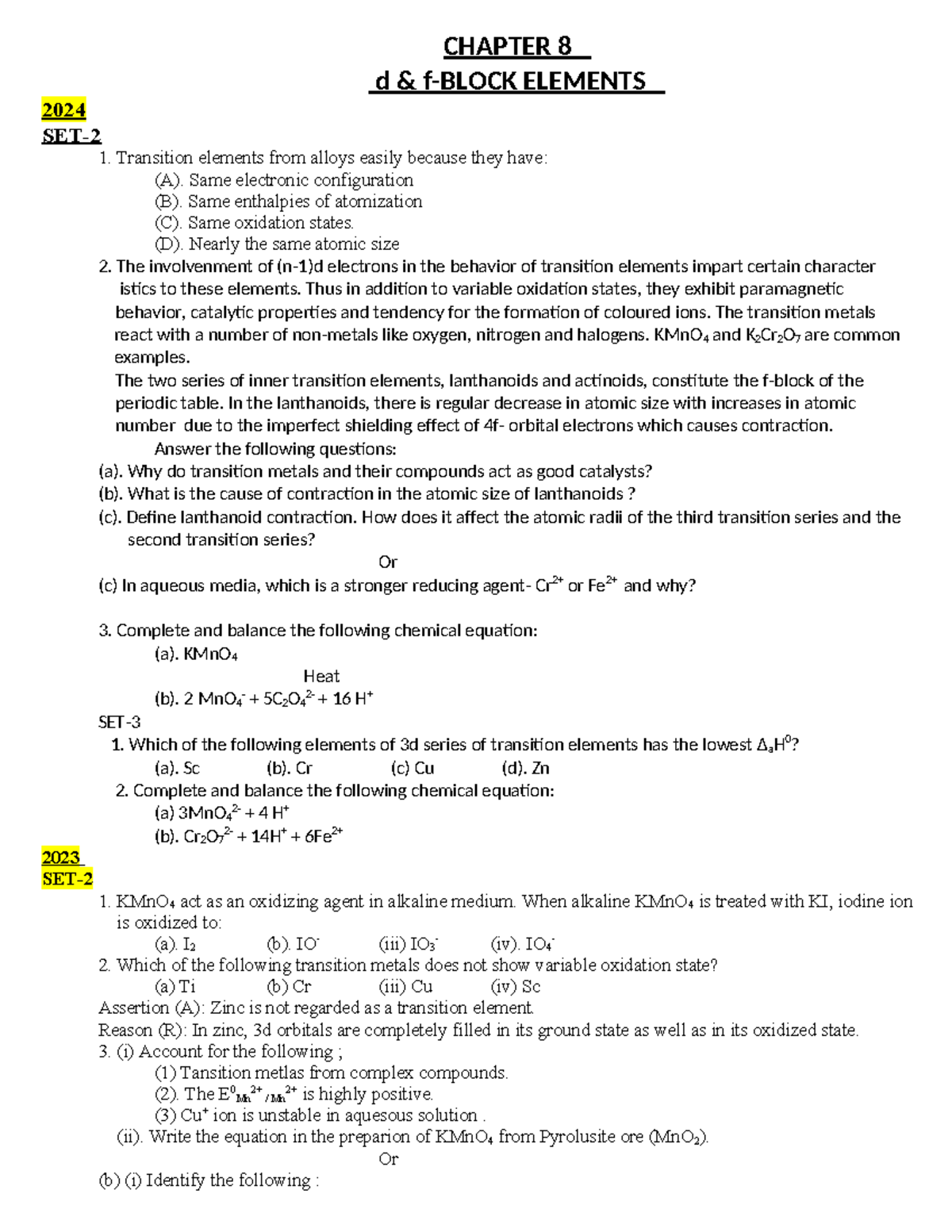 Chapter 8d and f block - Practice questions for class 12 - CHAPTER 8 d & f-BLOCK ELEMENTS 2024 ...