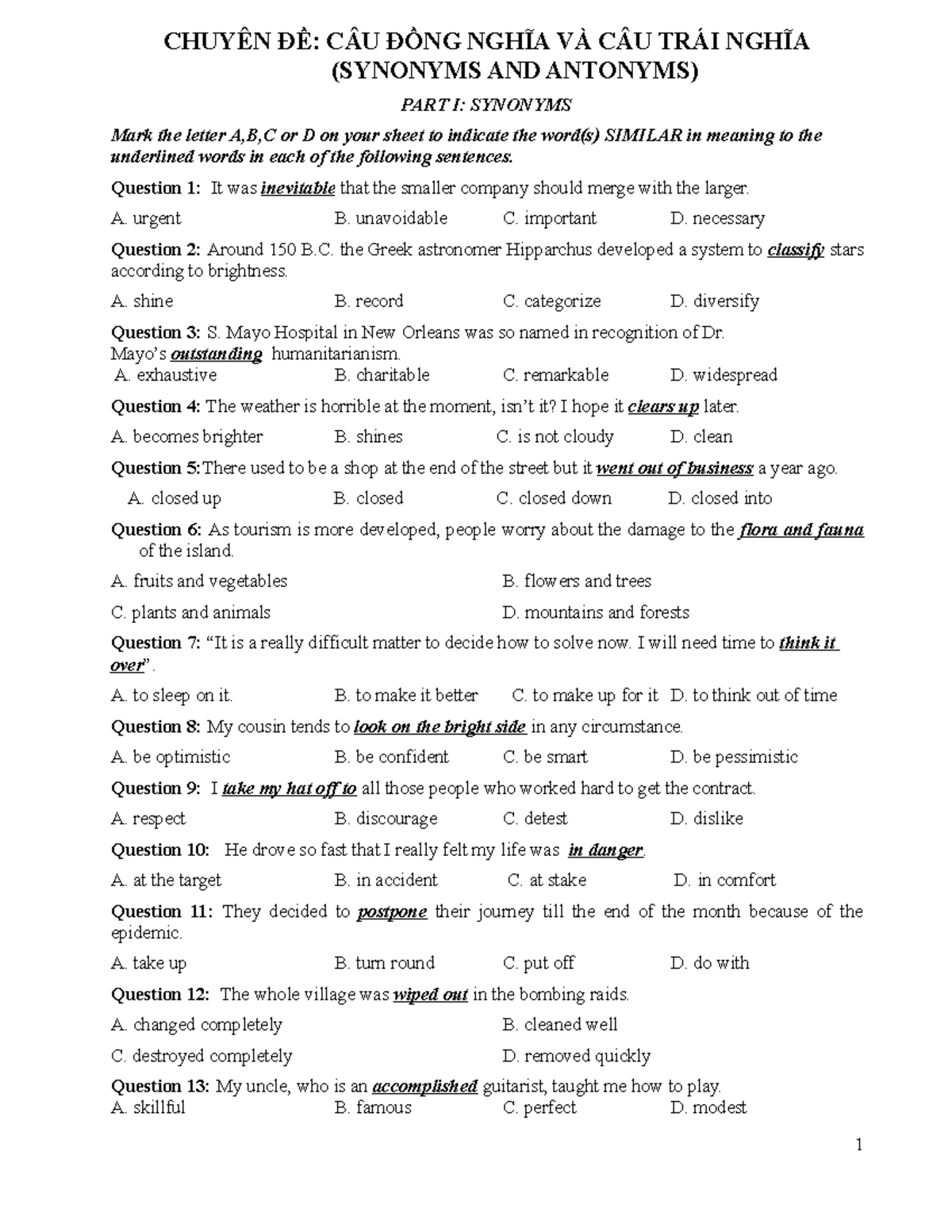Synonym AND Antonym 2 12V CHUY N C U NG NGH A V C U TR I