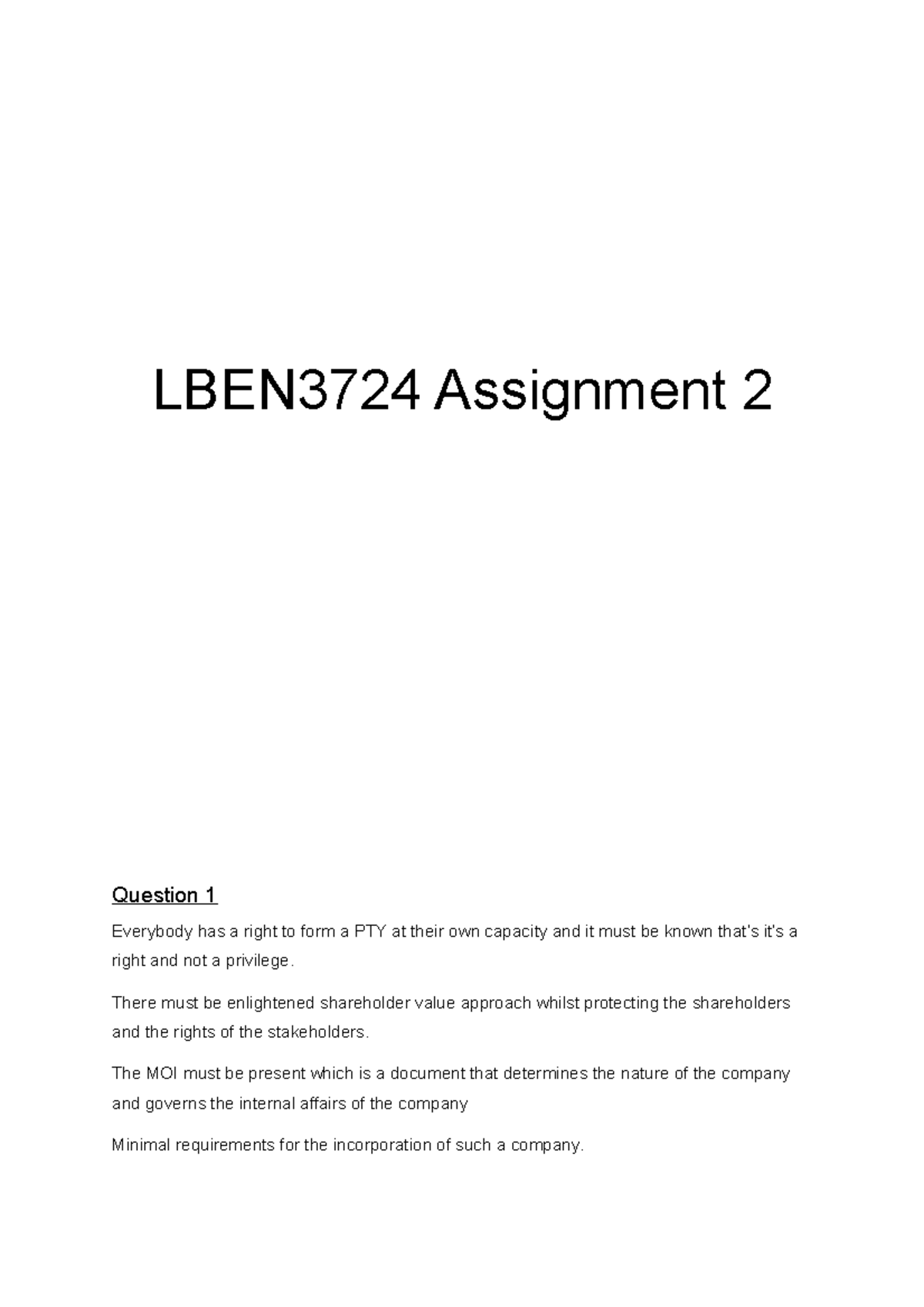 LBEN Assignment 2 - LBEN3724 Assignment 2 Question 1 Everybody has a ...