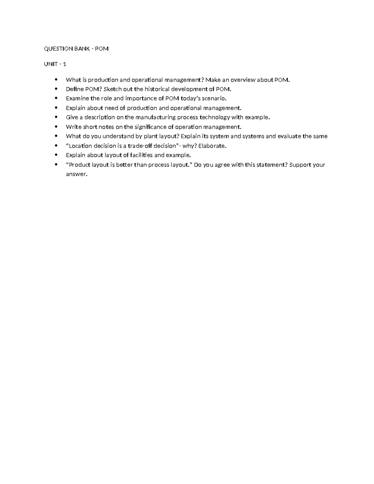 Question BANK - POM - QUESTION BANK - POM UNIT - 1 What is production ...