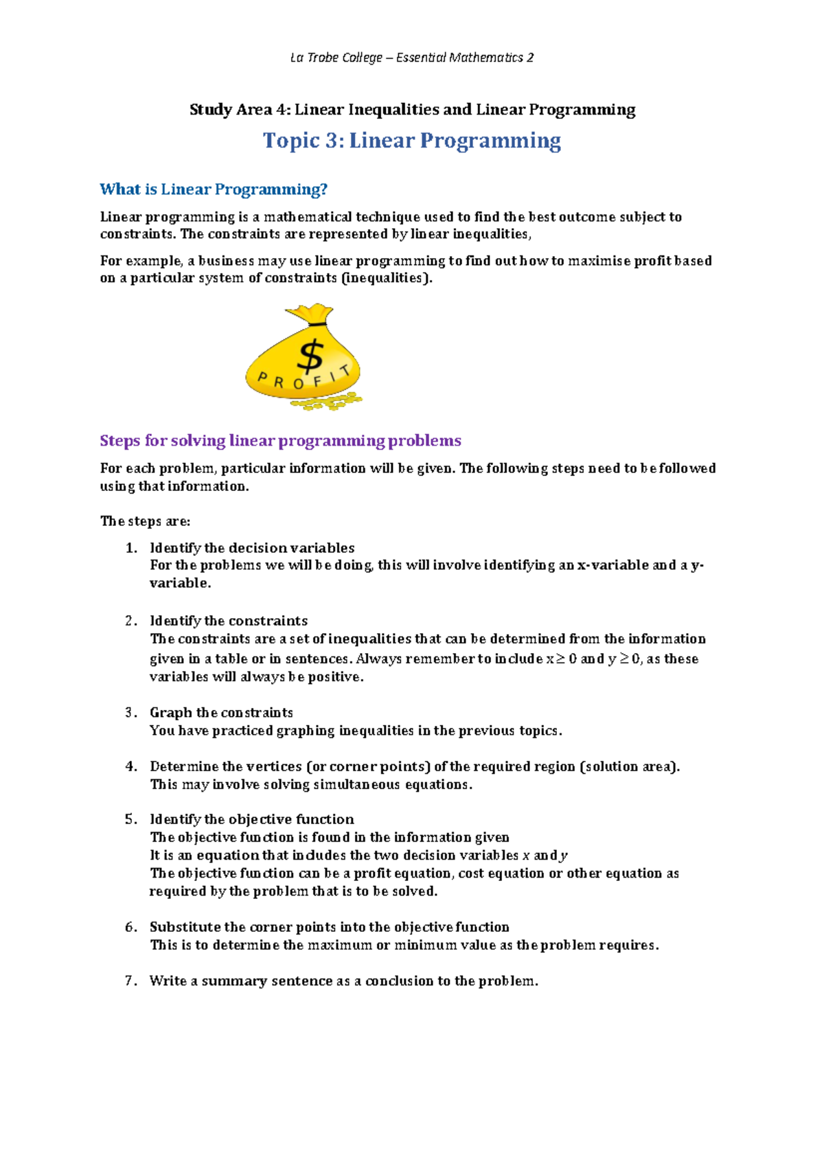 Topic 3 Linear Programming - Study Area 4: Linear Inequalities and Linear Programming Topic 3 ...