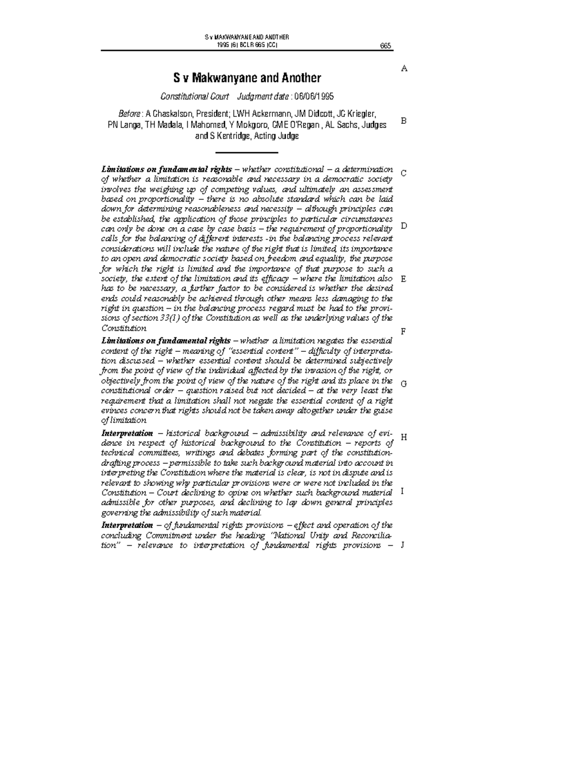 S v Makwanyane and Another 1995 (6) BCLR 665 (CC) - 1995 (6) BCLR 665 ...