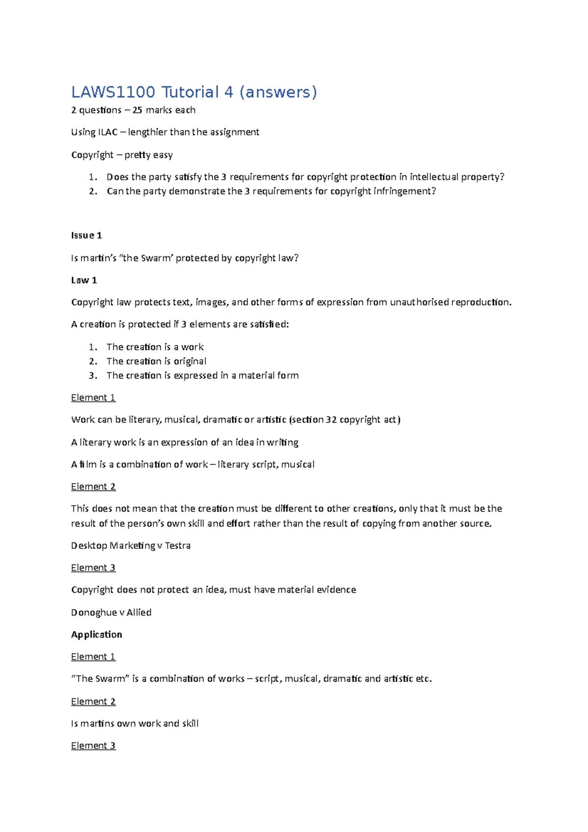 LAWS1100 Tutorial 4 (answers) - LAWS1100 Tutorial 4 (answers) 2 ...