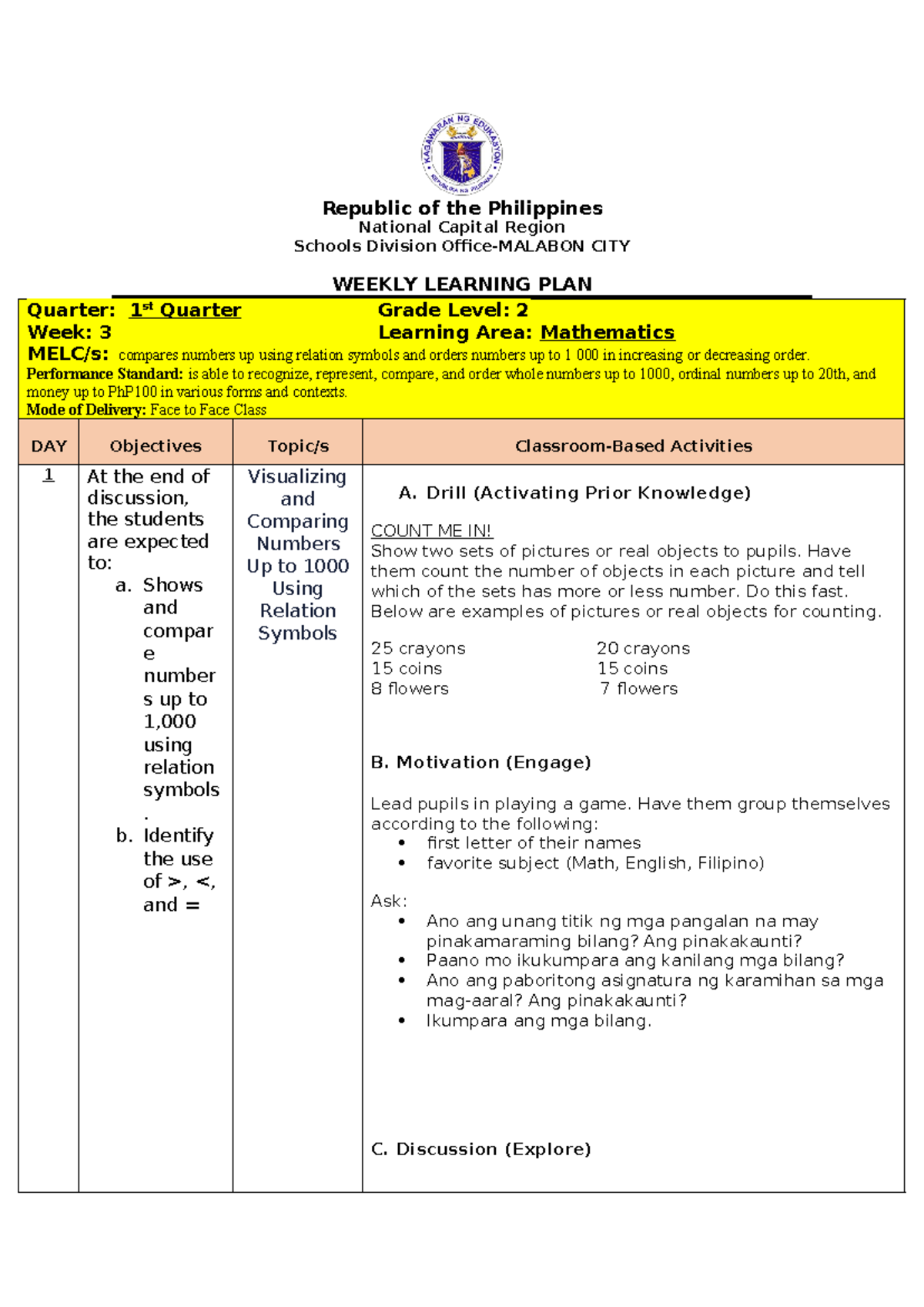 Comparing Number DAY 2 - MATH 2 - Republic of the Philippines National ...