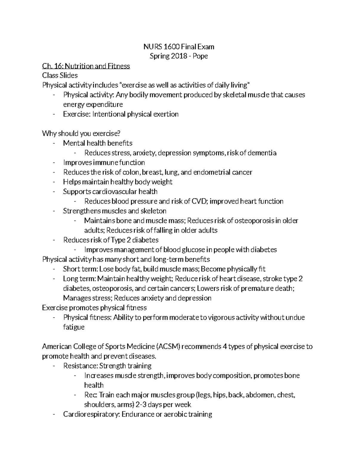 Nutrition Final Exam - NURS 1600 Final Exam Spring 2018 - Pope Ch. 16 ...