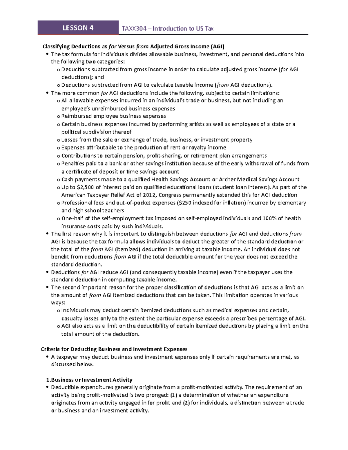 Lesson 4 Notes - Classifying Deductions as for Versus from Adjusted ...