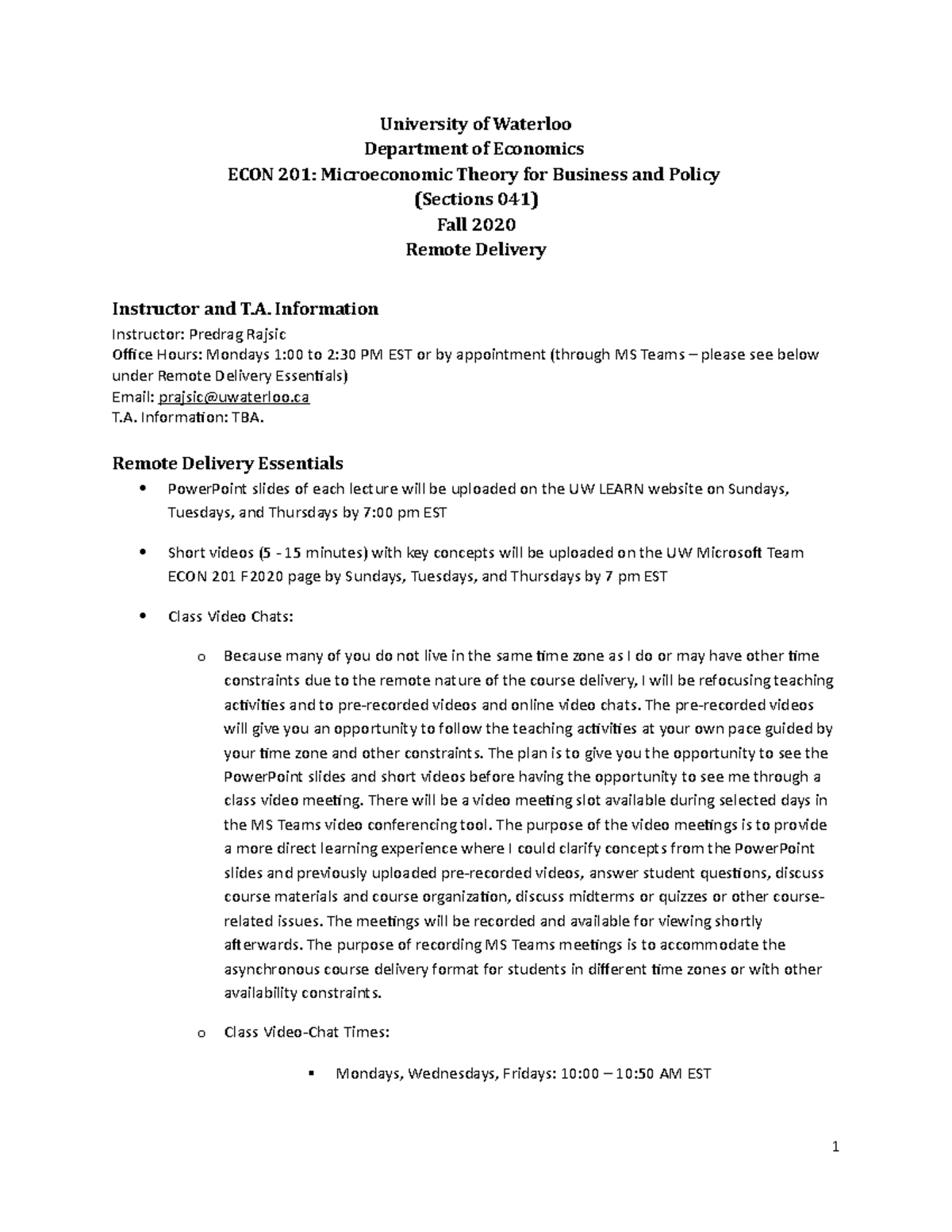 ECON 201 syllabus - University of Waterloo Department of Economics ECON ...